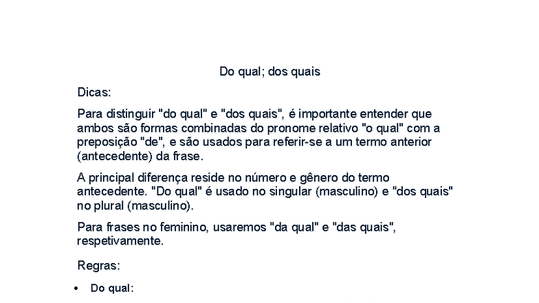 Exercícios para Distinguir "Do Qual", "Dos Quais", "Da Qual", "Das ...