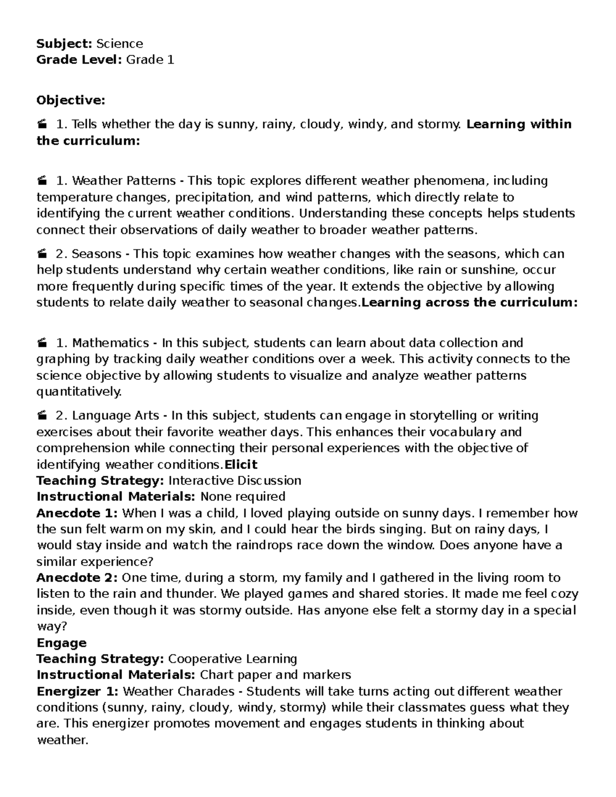 Grade 1 Science Lesson Plan: Exploring Weather Patterns & Seasons - Studocu