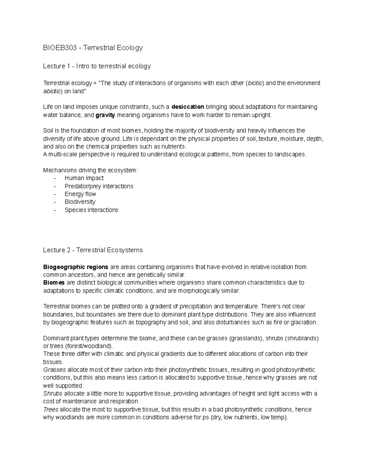 BIOEB303 - Lecture Notes on Terrestrial Ecology and Ecosystems - Studocu