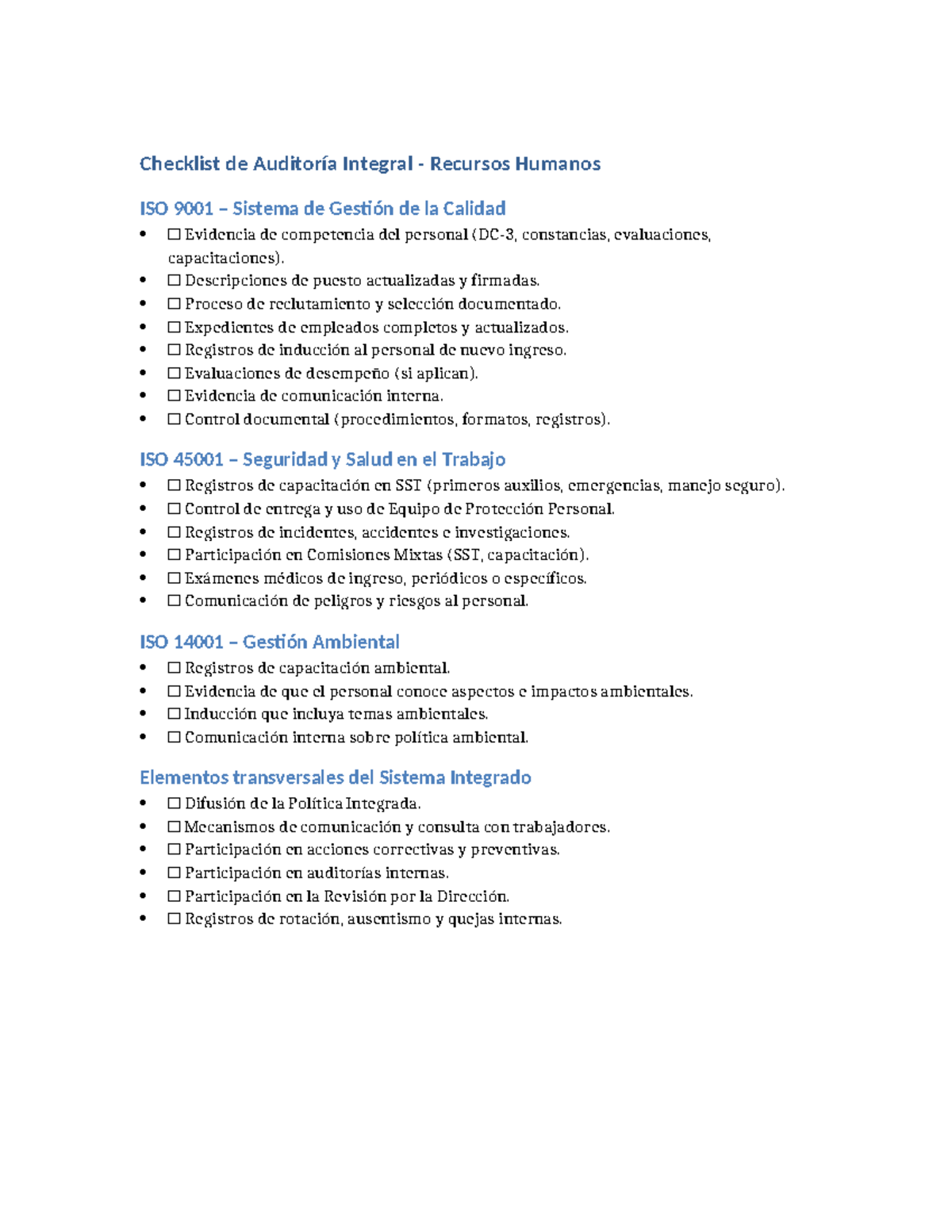 Checklist Auditoría Integral RH ISO 9001, 45001 y 14001 - Studocu