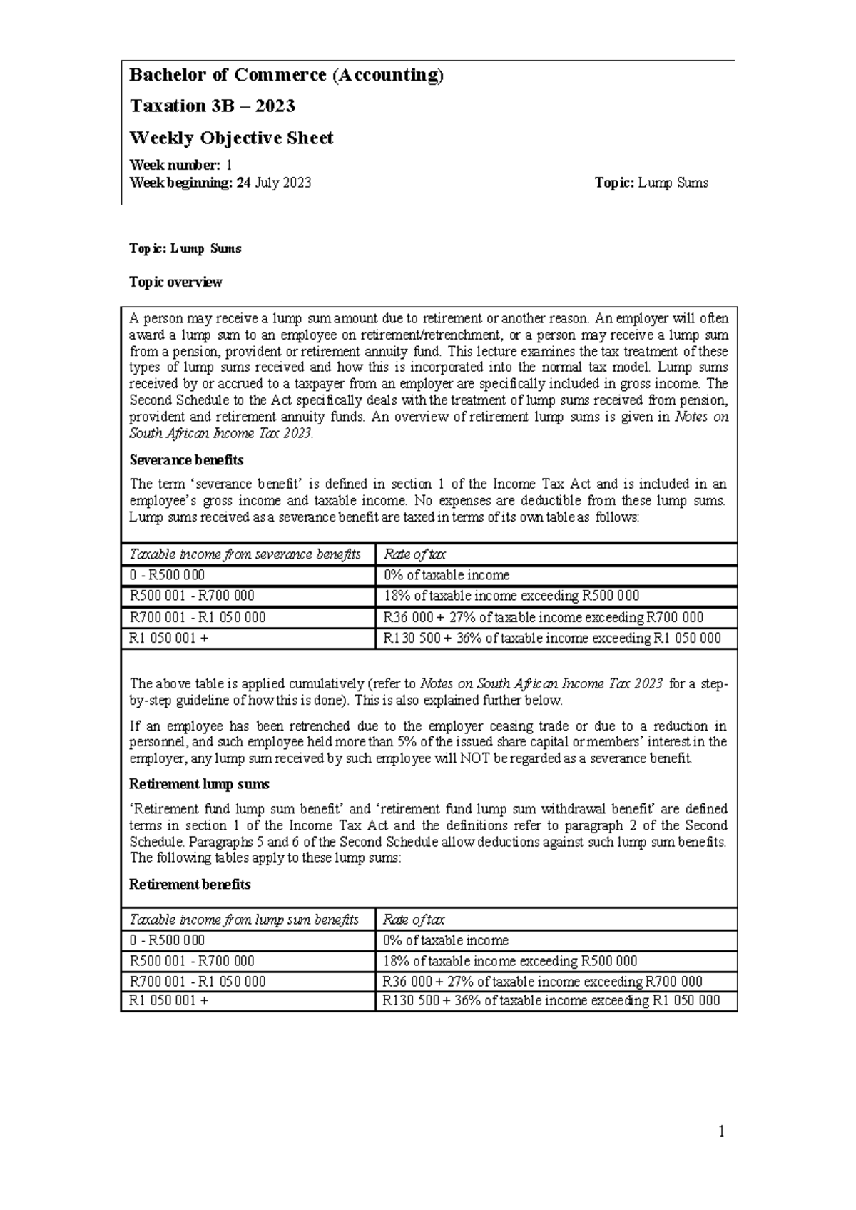 Taxation 3B: Week 1 Module Notes on Lump Sum Tax Treatment - Studocu