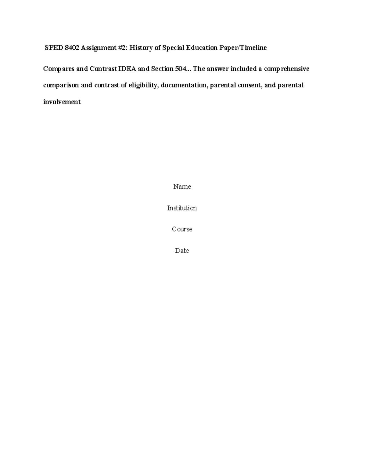 SPED 8402 Assignment #2: Comparing IDEA & Section 504 in Special Ed ...