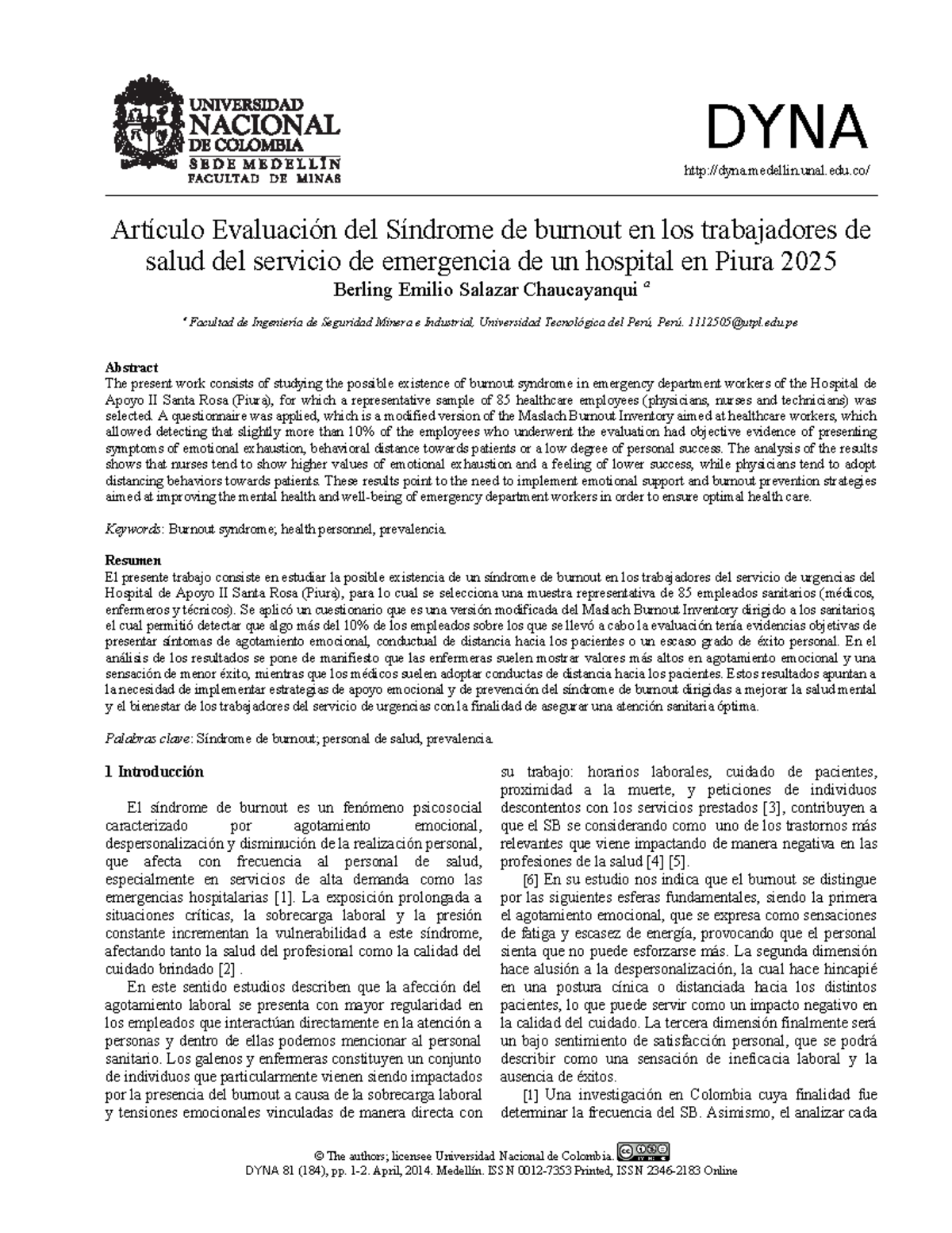 Evaluación del Síndrome de Burnout en Trabajadores de Salud - DYNA 2025 ...