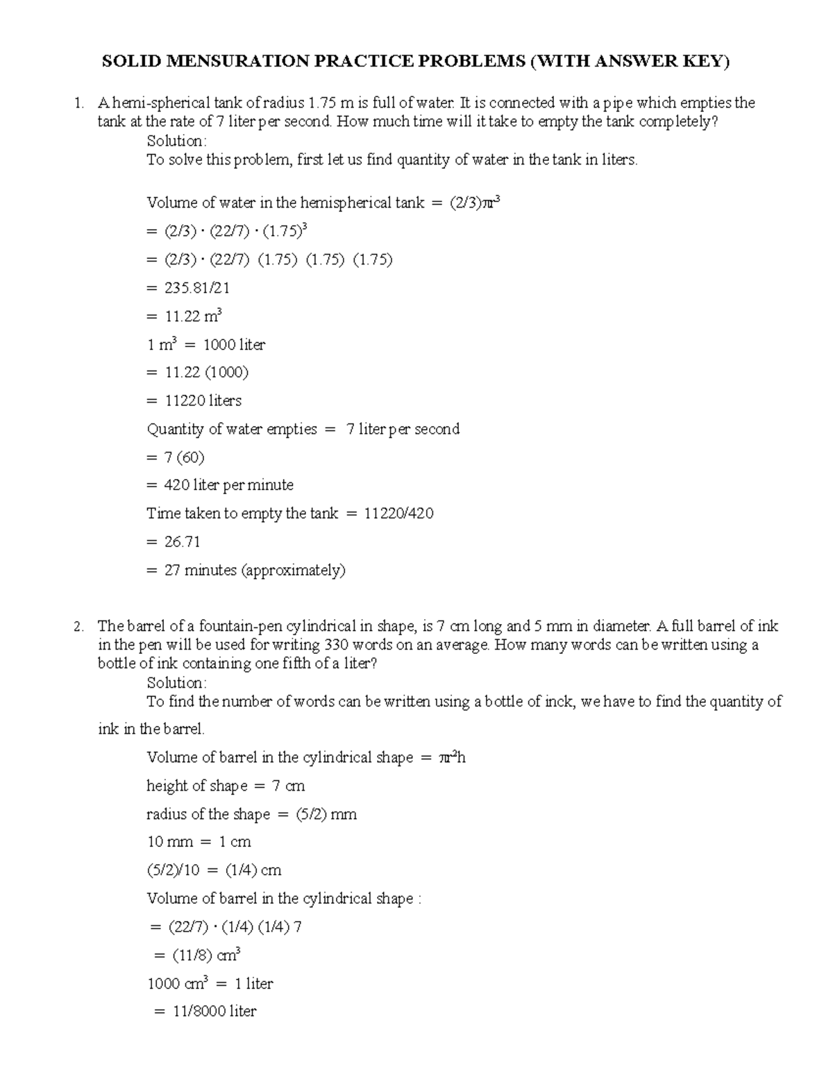 Solid Mensuration Practice Problems with solutions - SOLID MENSURATION PRACTICE PROBLEMS (WITH ...