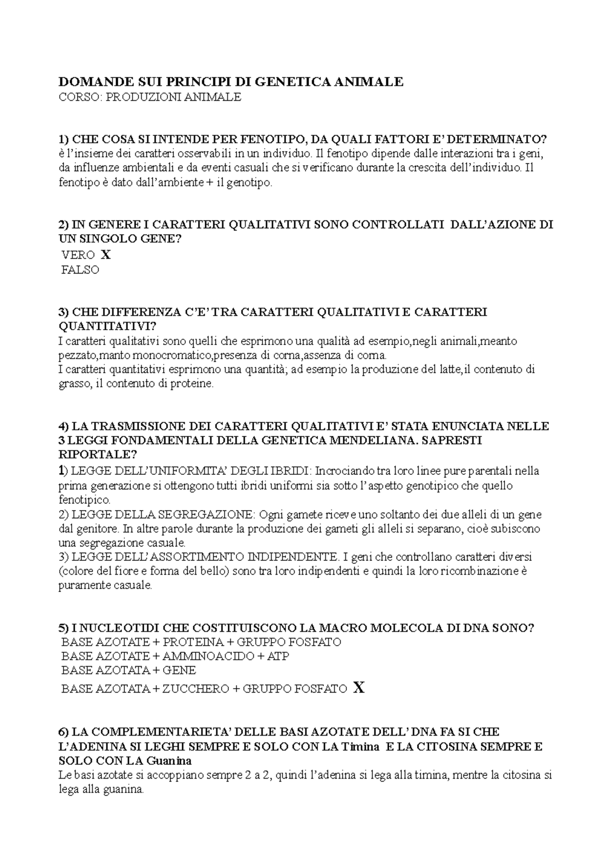 Domande sui Principi di Genetica Animale - Corso: Produzioni Animali ...