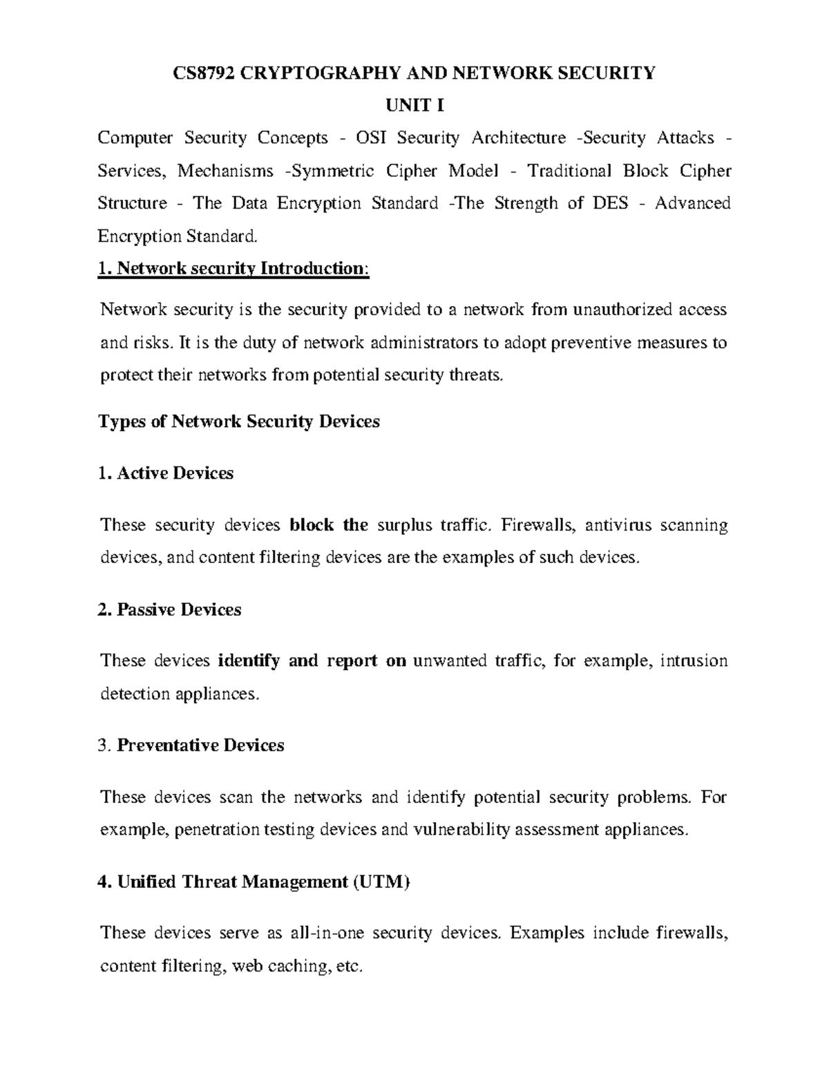 CS8792 Unit I Notes - Introduction to Network Security Concepts - Studocu