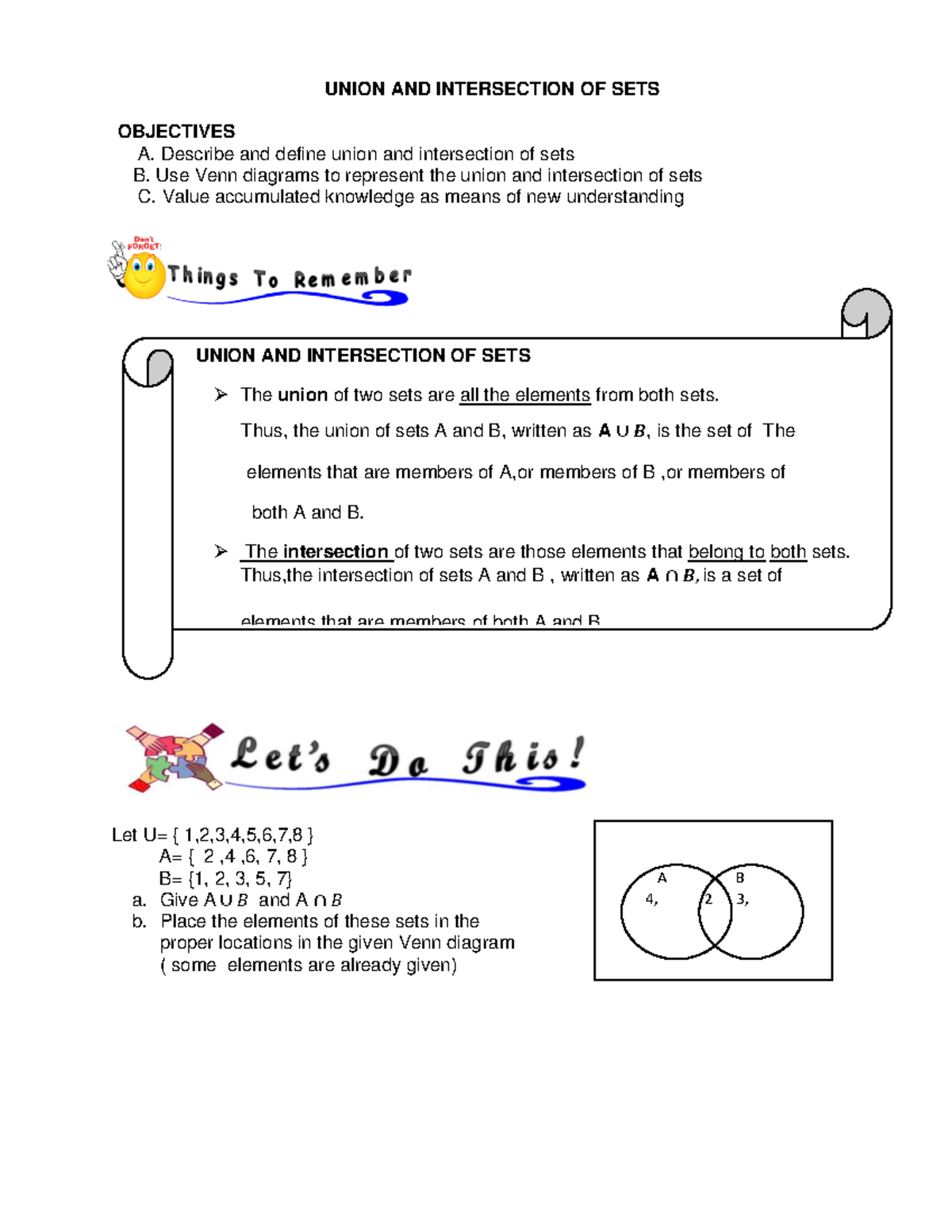 Q1-LAA-2 - Worksheet in Grade 7 Math Quarter 1 - UNION AND INTERSECTION OF SETS OBJECTIVES A ...