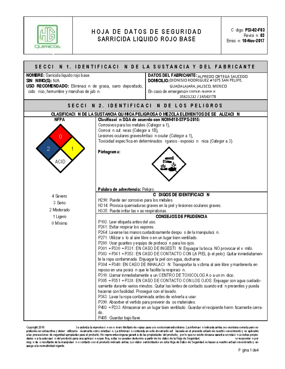 Hoja de Datos de Seguridad: Sarricida Líquido Rojo Base - Código 03 ...