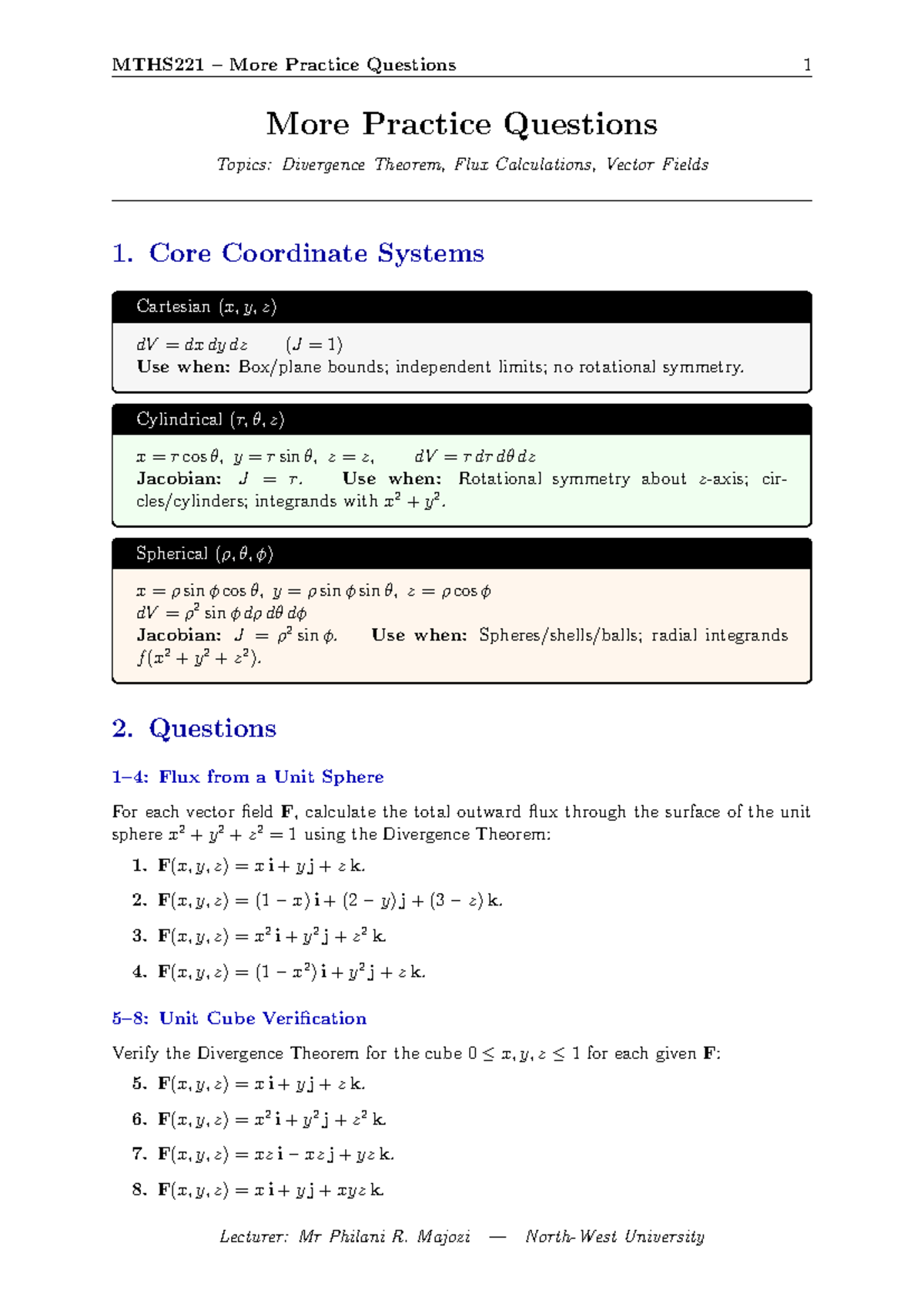 MTHS221 Final Exam Practice: Divergence Theorem & Flux Calculations ...