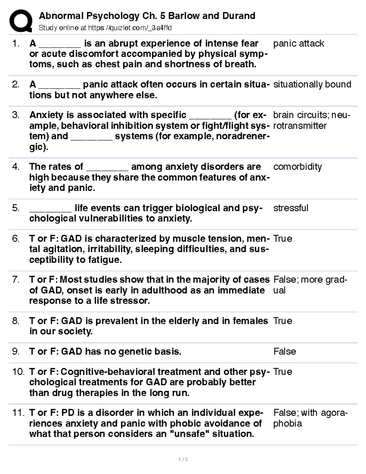 Chapter 5 - questions - Abnormal Psychology Ch. 5 Barlow and Durand ...