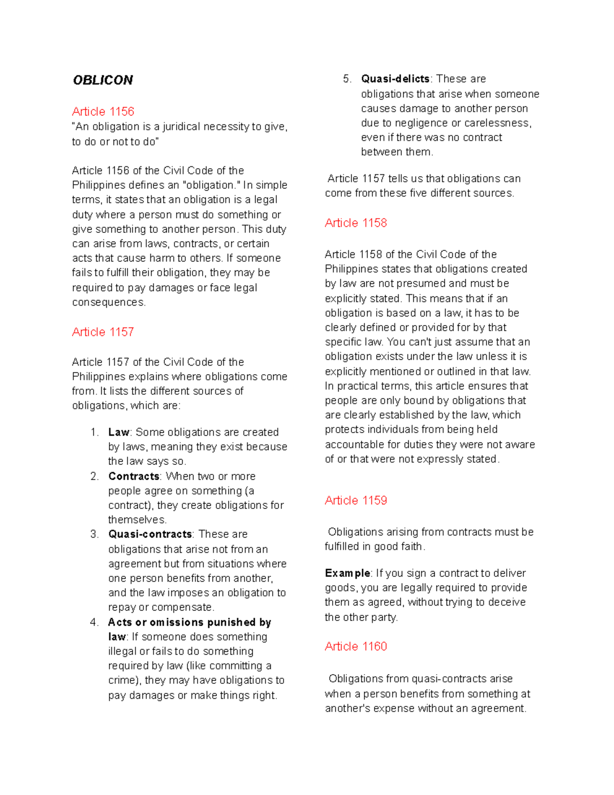 OBLICON - Summary of the Law on Obligations & Contracts (Articles 1156 ...