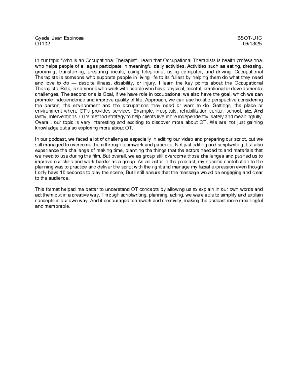 OT102 Reflection on Occupational Therapy Concepts and Podcast ...