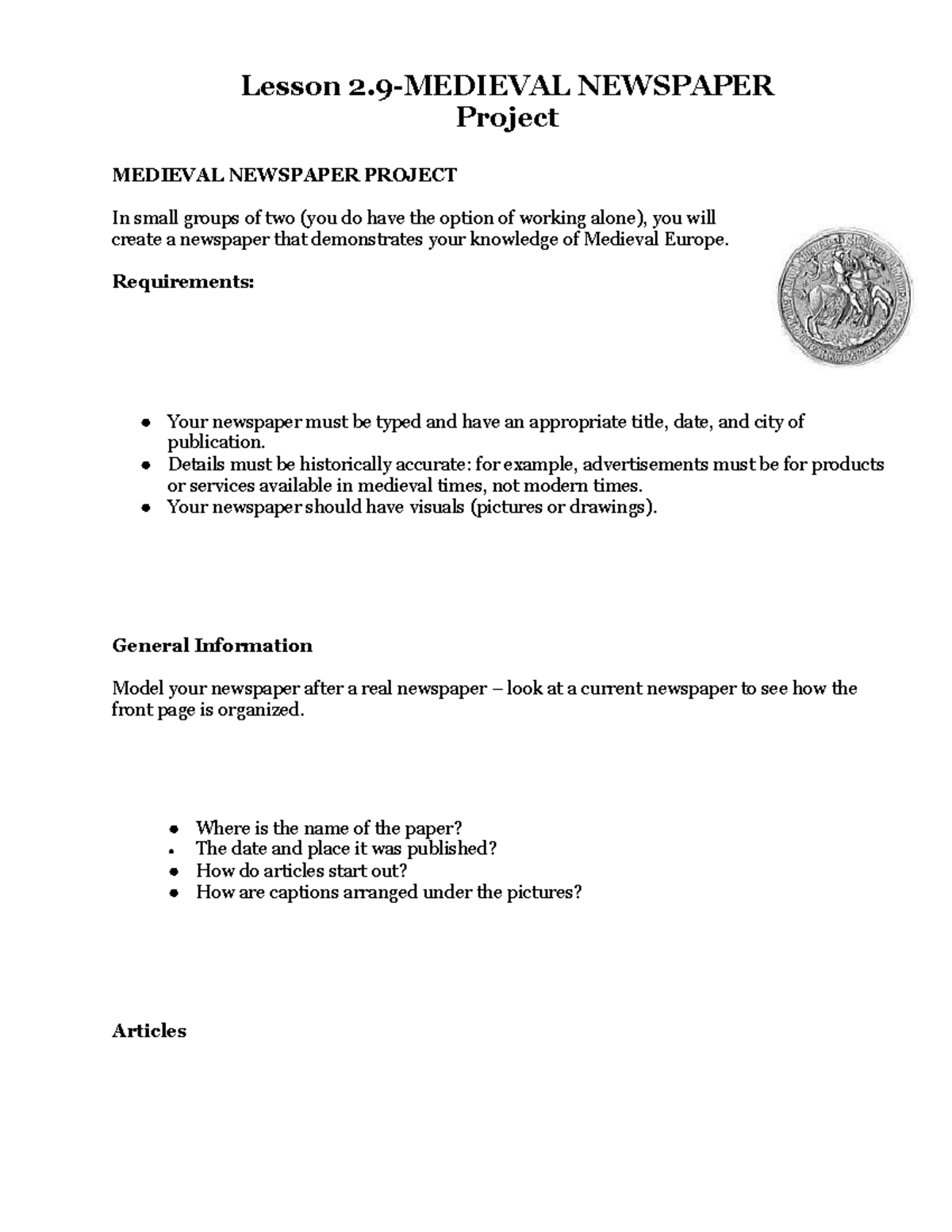 Lesson 2.10-Medieval Newspaper project - Lesson 2-MEDIEVAL NEWSPAPER ...