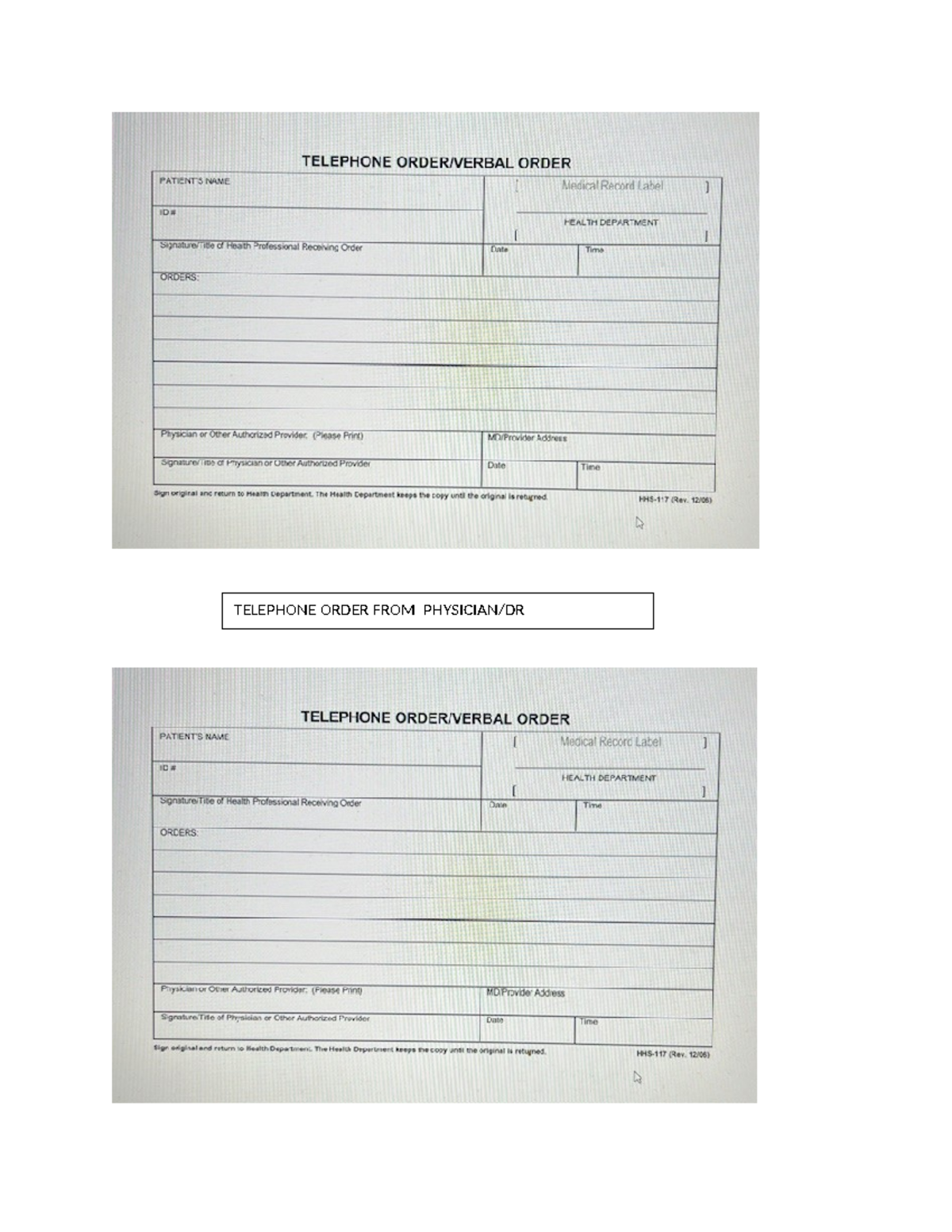 TELEPHONE ORDER FORM for DR Order - Health Department - Studocu