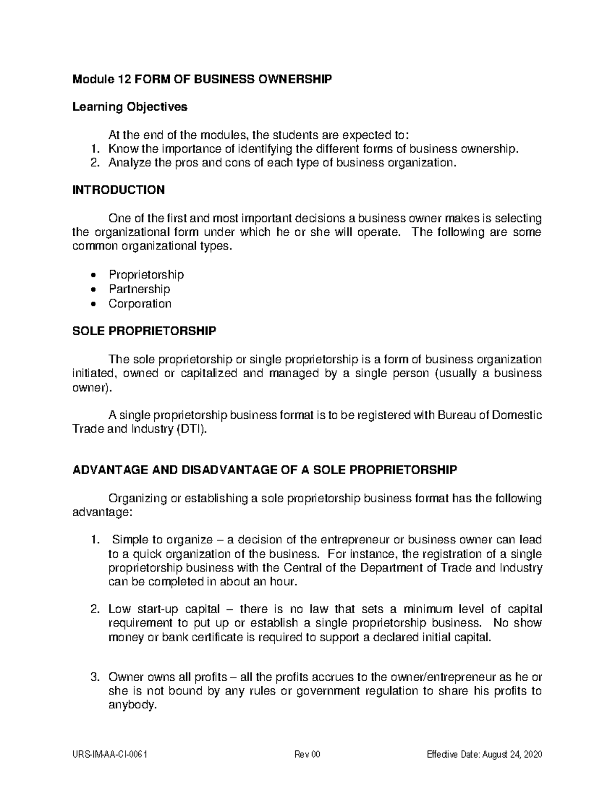 Form of Business Ownership - Module 12 FORM OF BUSINESS OWNERSHIP ...