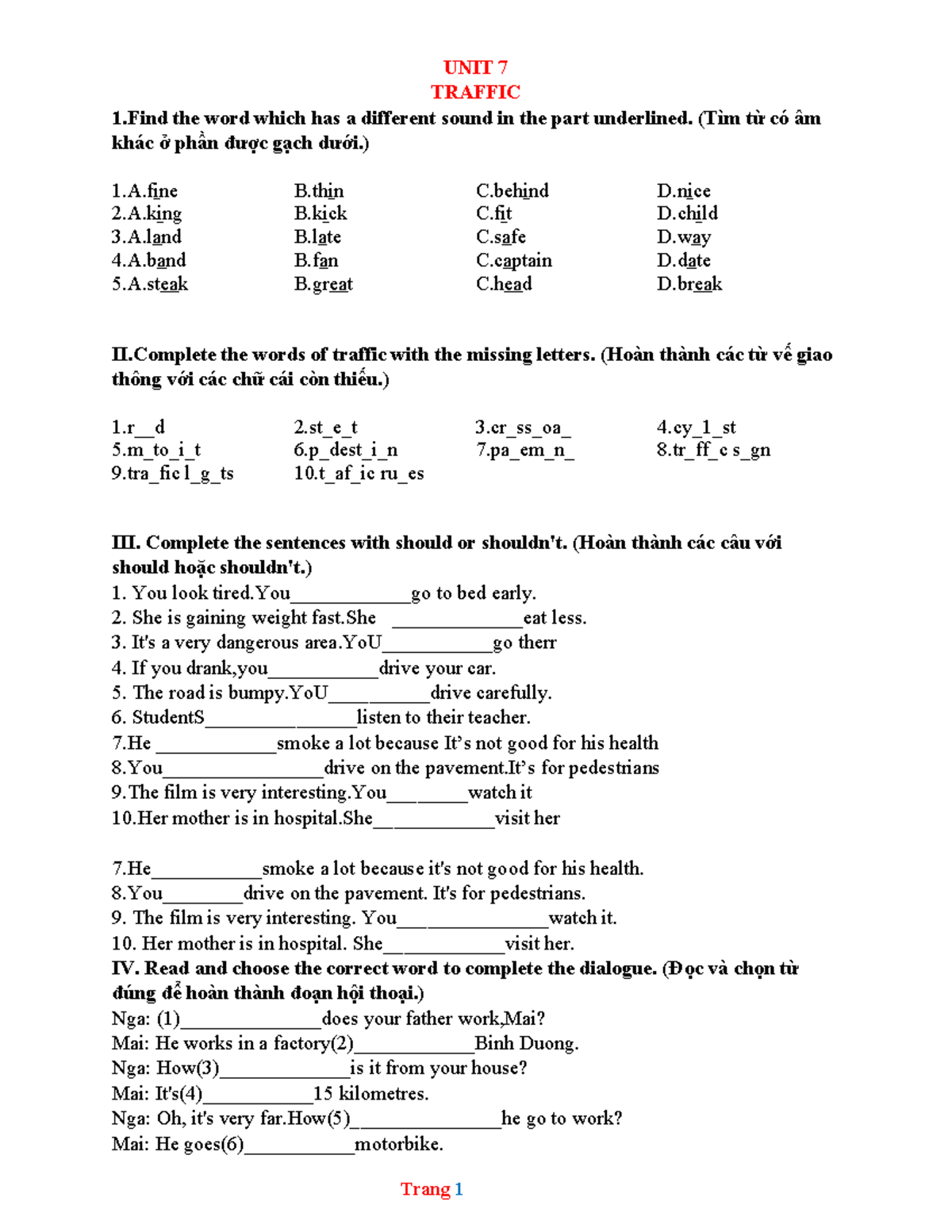 De KT Tieng Anh 7: Global Unit 7 - Traffic Rules and Vocabulary - Studocu