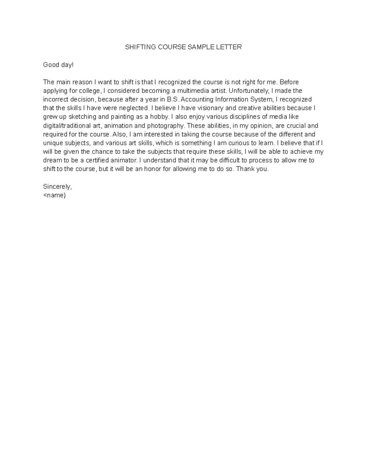 B.S. Course Shift Request: From Accounting to Multimedia Arts - Studocu
