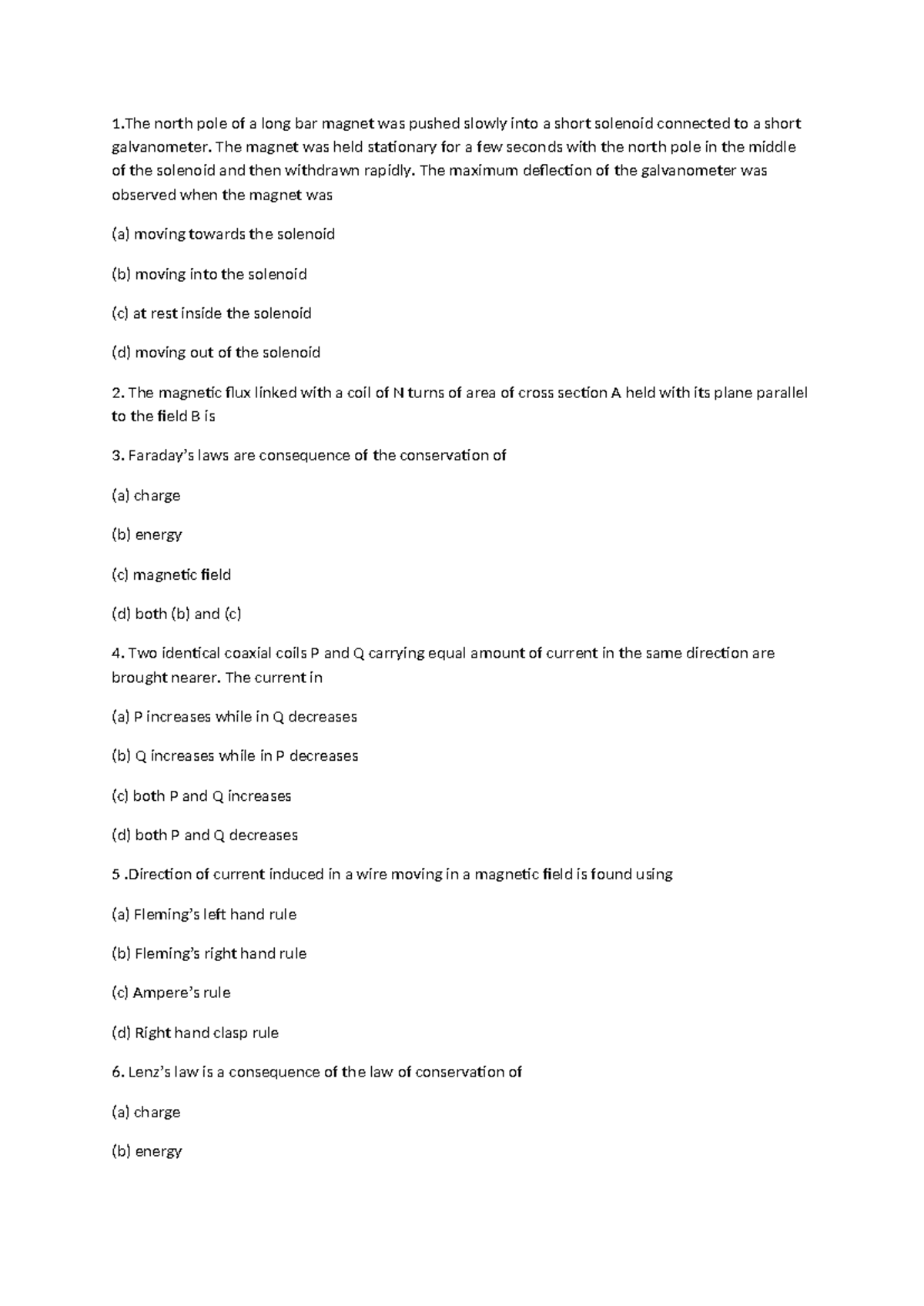 Electromagnetic Induction MCQs for Class 12 (Chapter 6) - Studocu