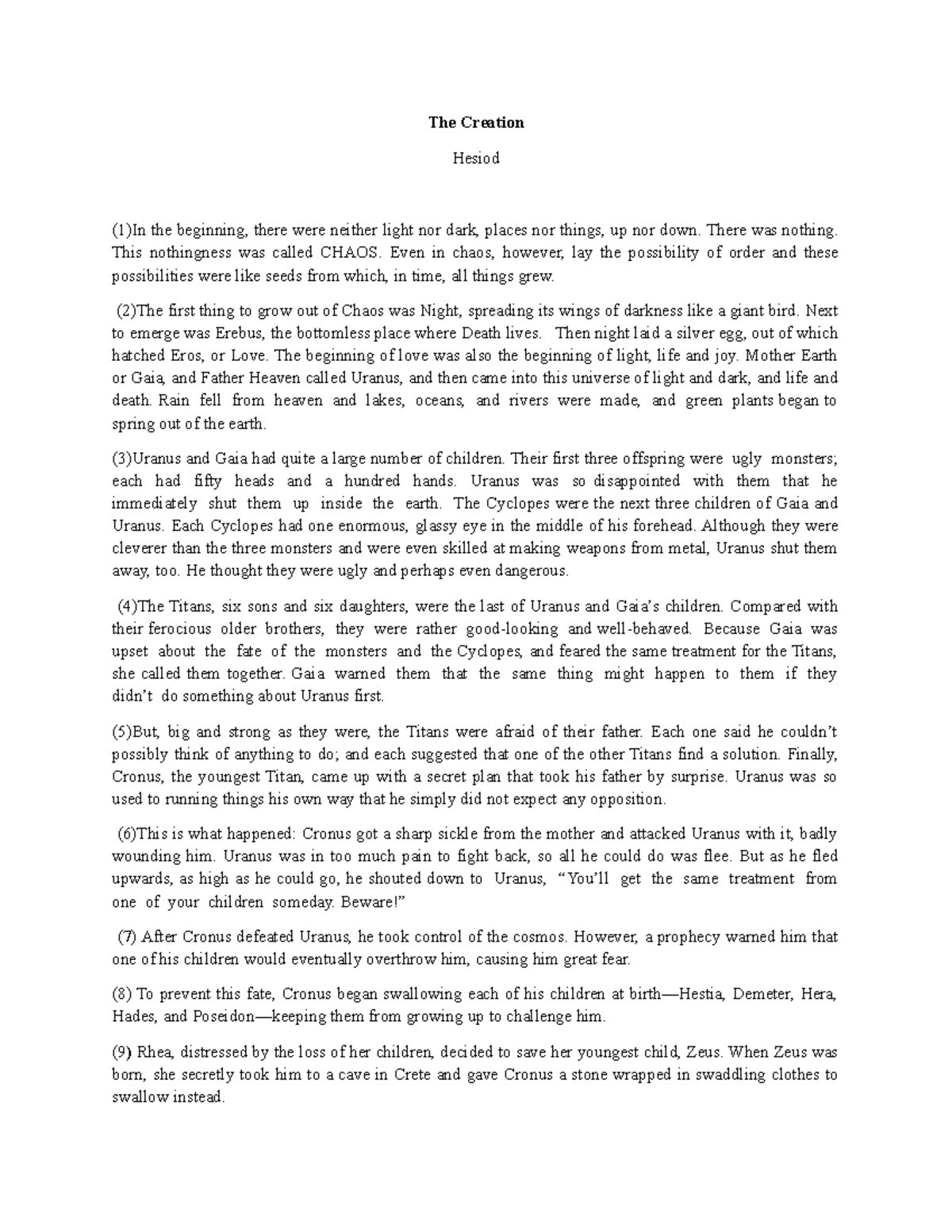 HUM 101: The Creation - Hesiod's Myth of the Cosmos and Deities - Studocu
