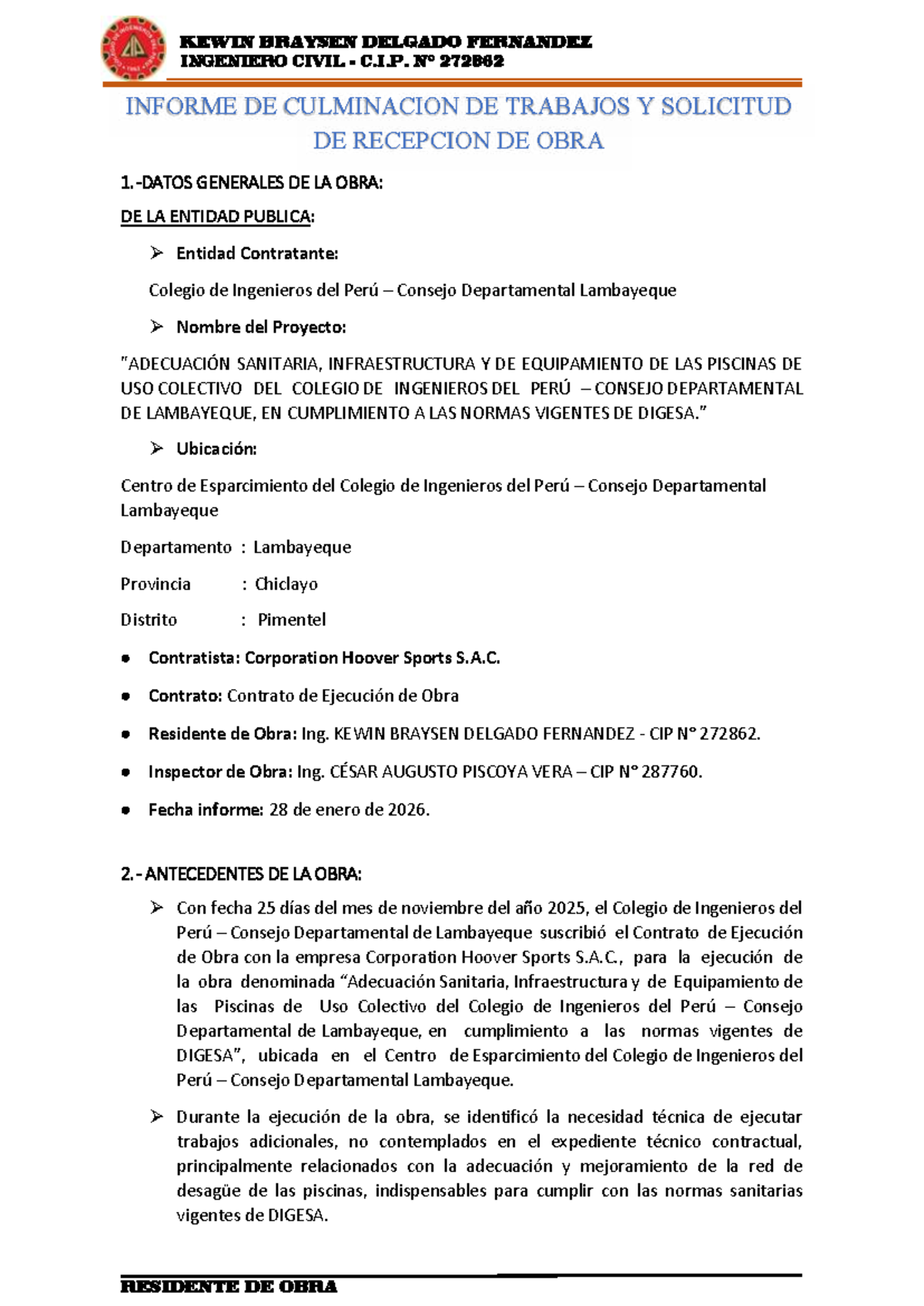 Informe de Culminación de Obra - C.I.P. 272862 - Piscinas Colectivas ...