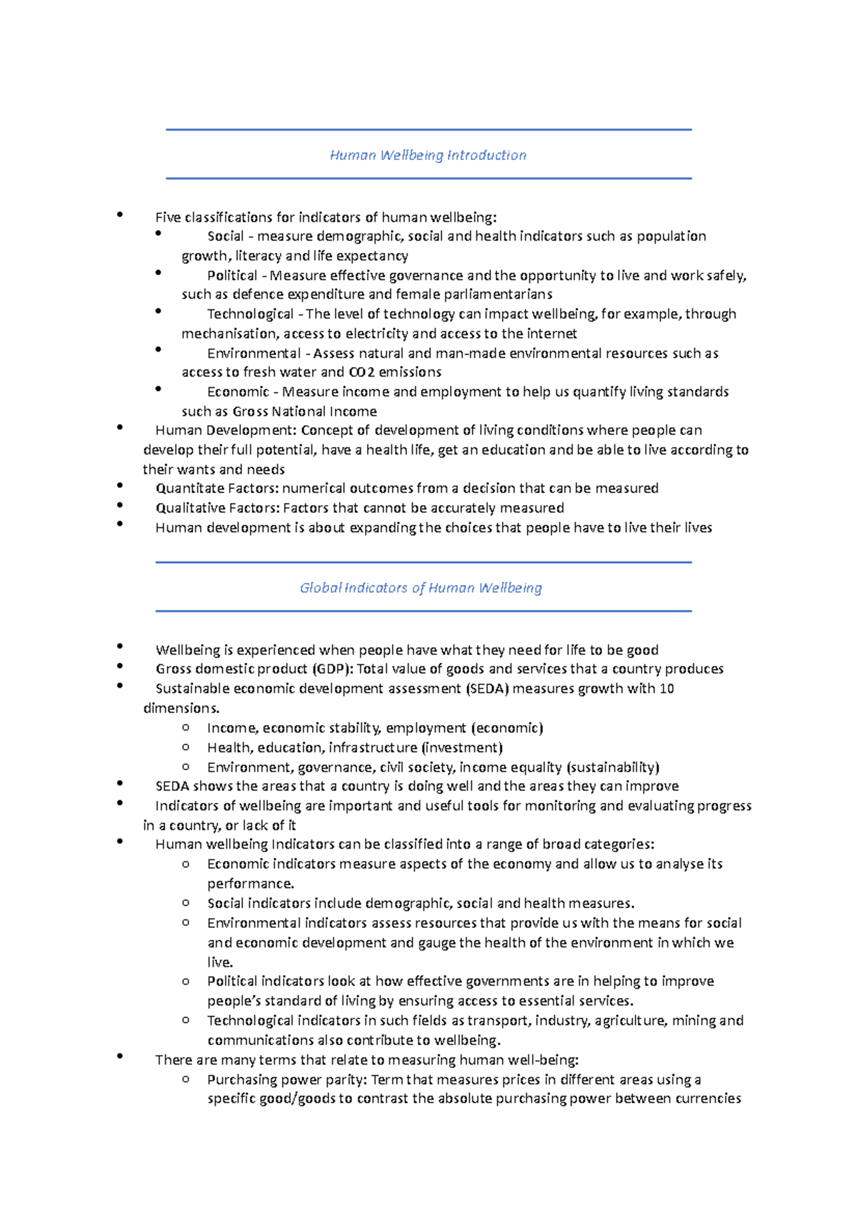 Human Wellbeing Analysis: Indicators and Case Studies - Studocu