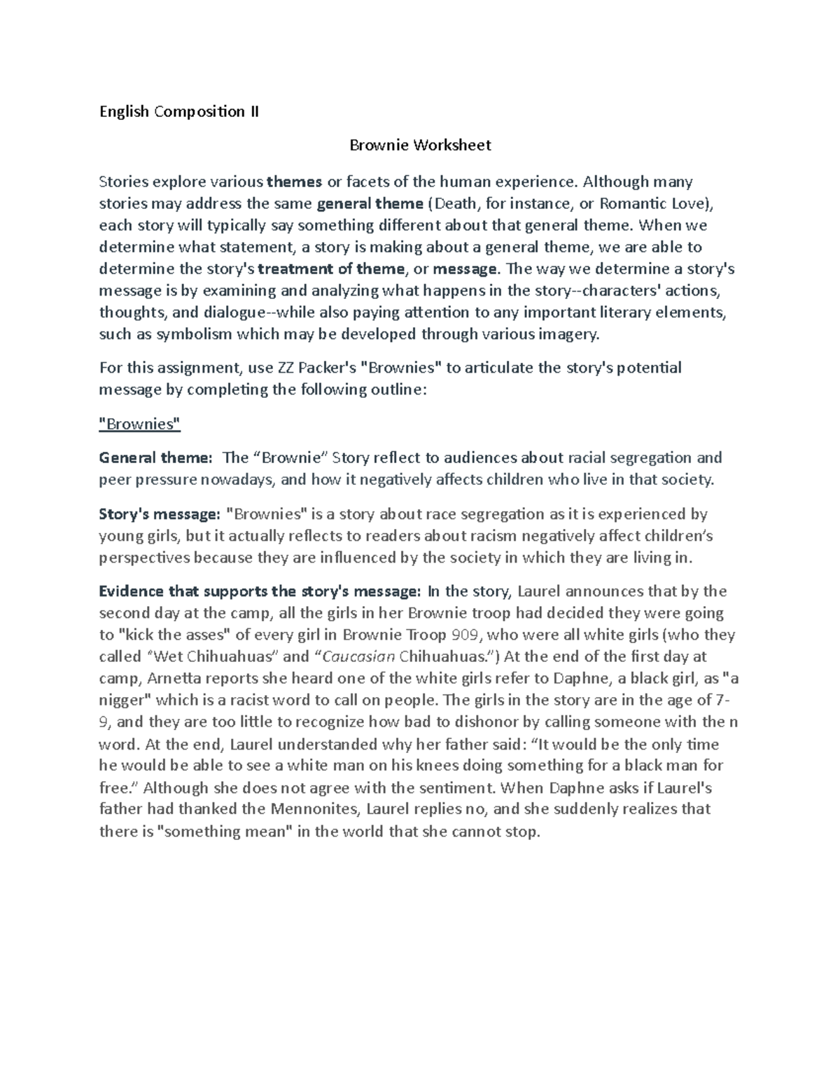 English Comp II: Essay on Themes in ZZ Packer's "Brownies" - Studocu