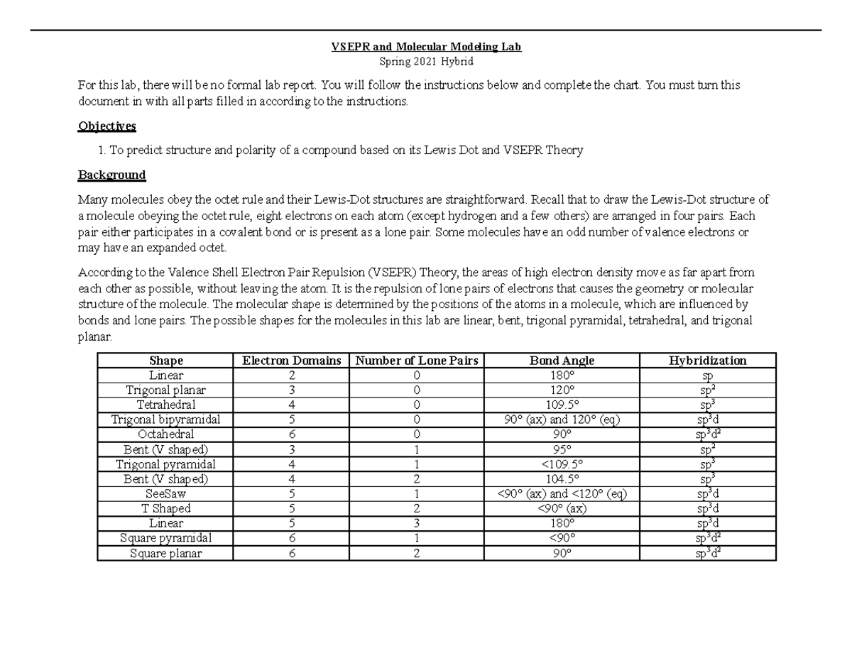 Chemistry I Lab: VSEPR Theory Worksheet for Final Exam - Studocu