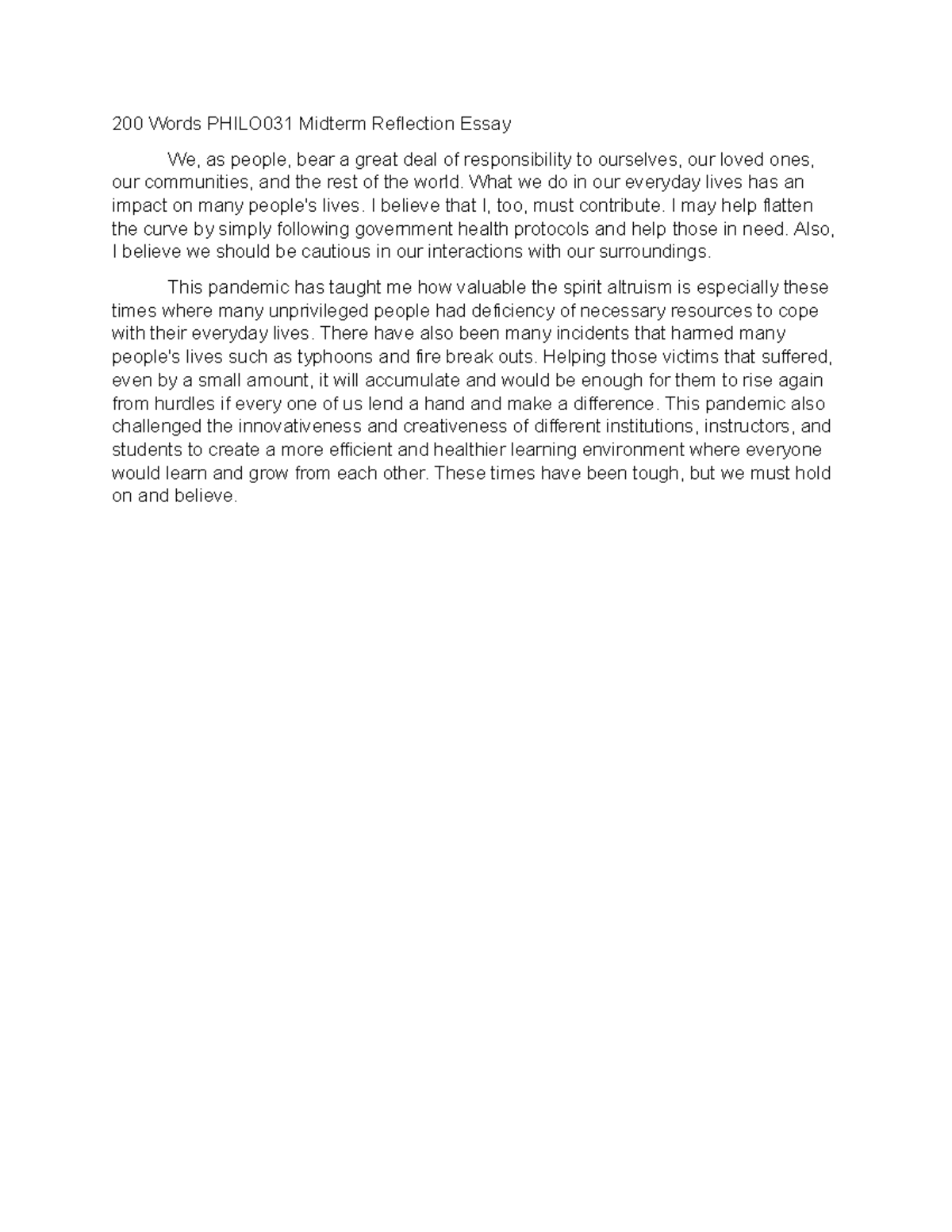 PHILO031 Midterm Reflection Essay: Responsibility in Times of Crisis ...