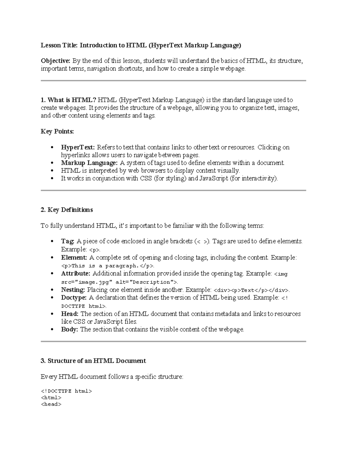 Html lesson - Lesson Title: Introduction to HTML (HyperText Markup ...