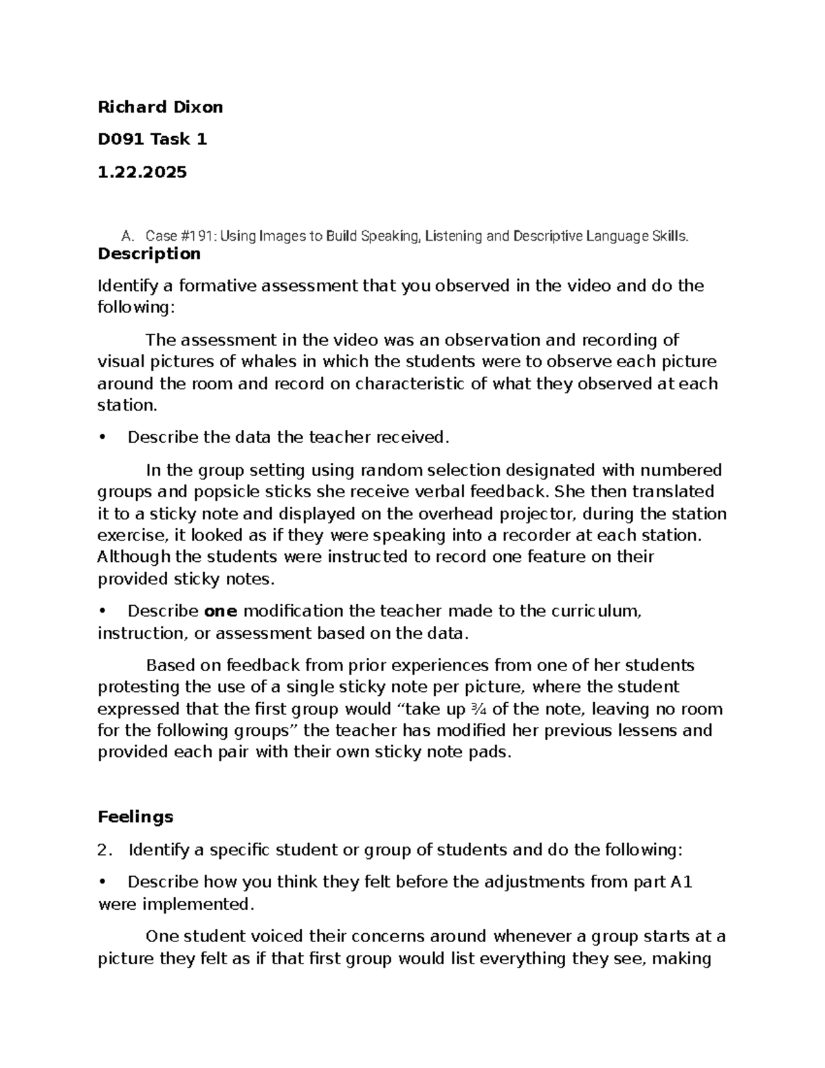 D091 Task 1 - Summary of Formative Assessment Adjustments - Studocu