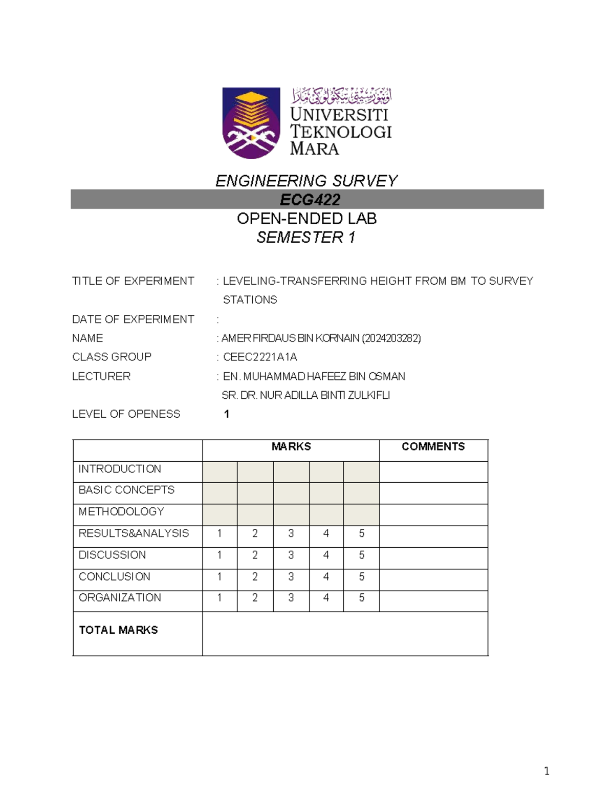 LAB 3 ECG422 - lab report - ENGINEERING SURVEY ECG OPEN-ENDED LAB SEMESTER 1 TITLE OF EXPERIMENT ...