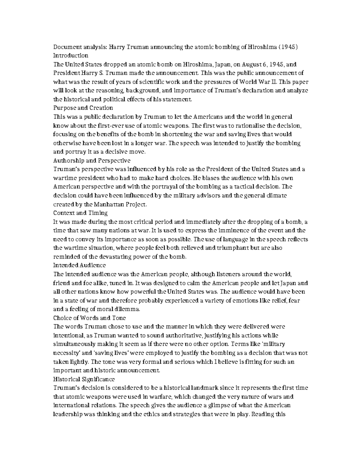 HIST 101: Essay on Truman's Atomic Bomb Announcement (1945) - Studeersnel