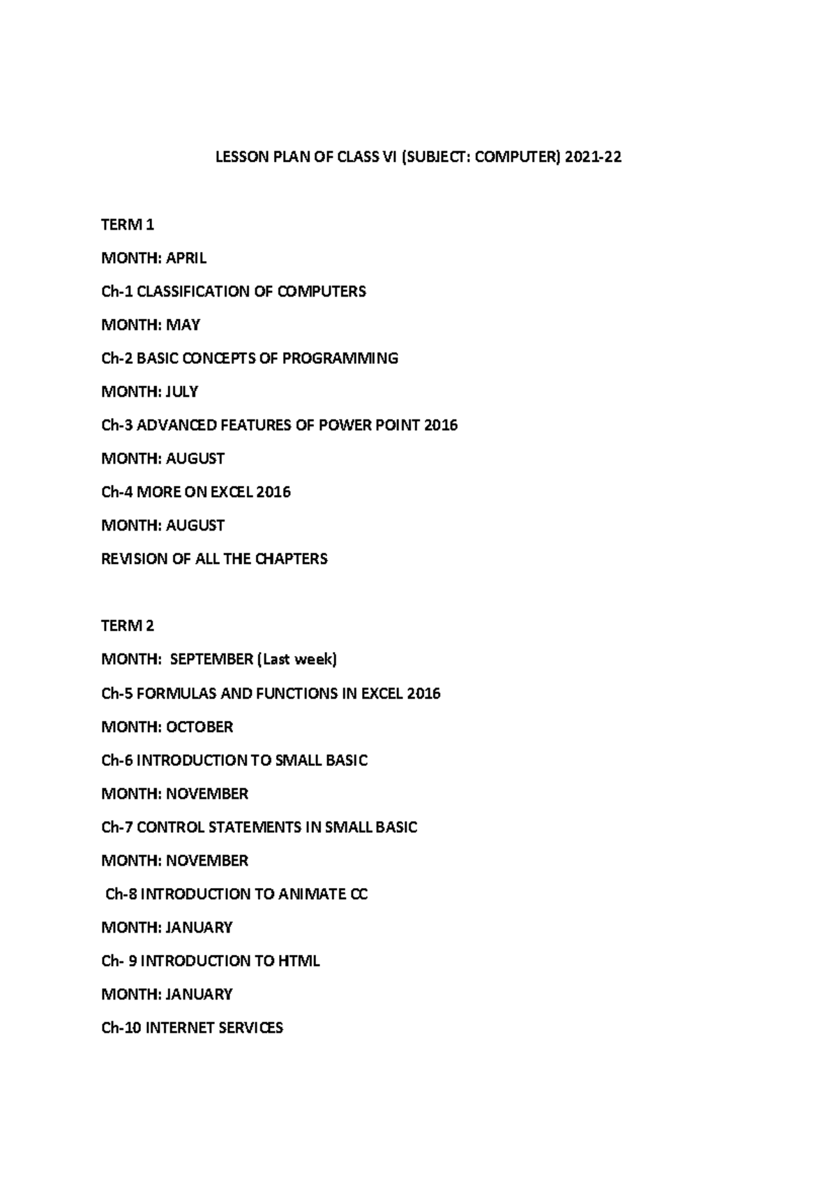 Class VI Computer Lesson Plan (2021-22): Topics & Activities - Studocu
