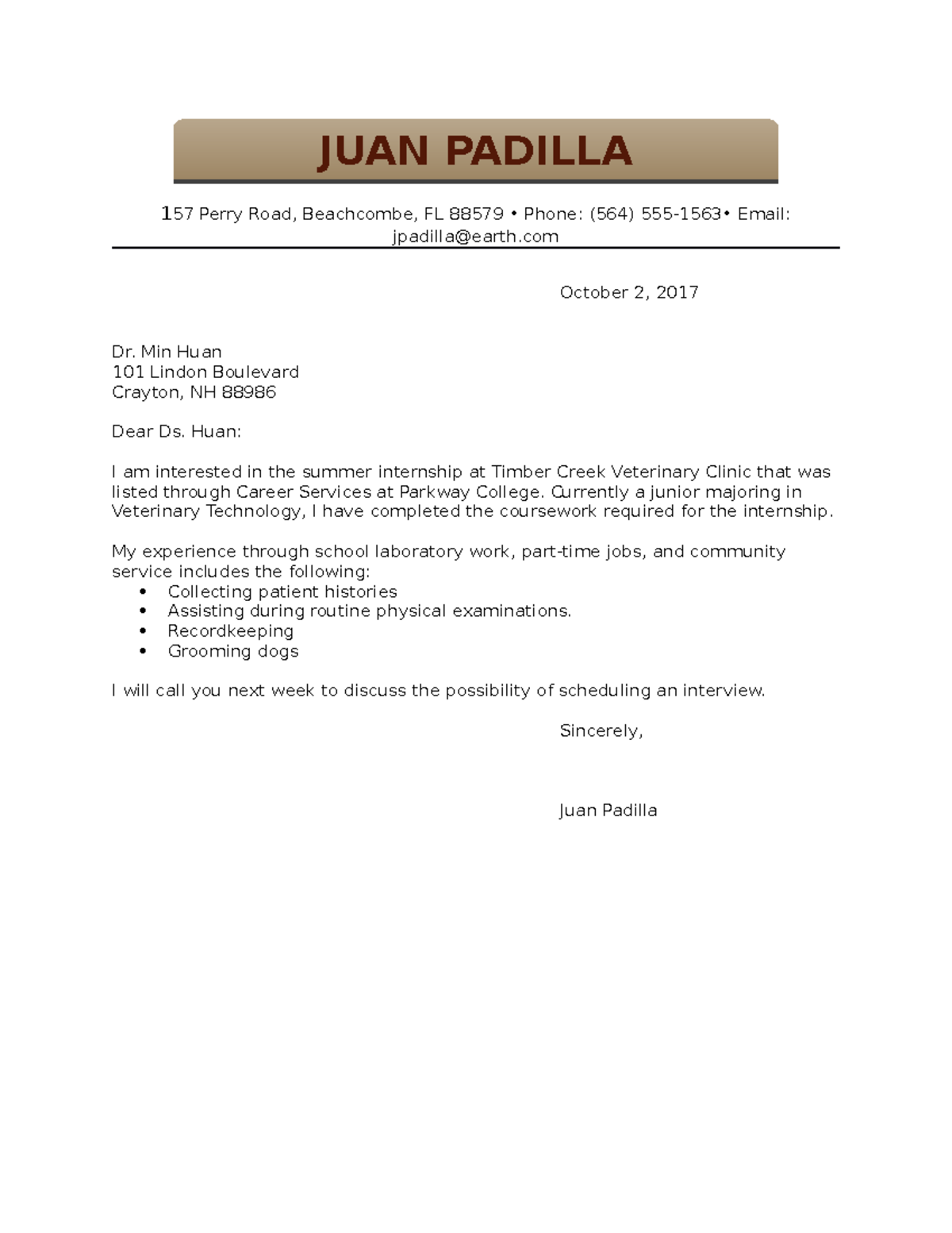 Lab 3-1 Internship Application Letter for Veterinary Technology - Studocu