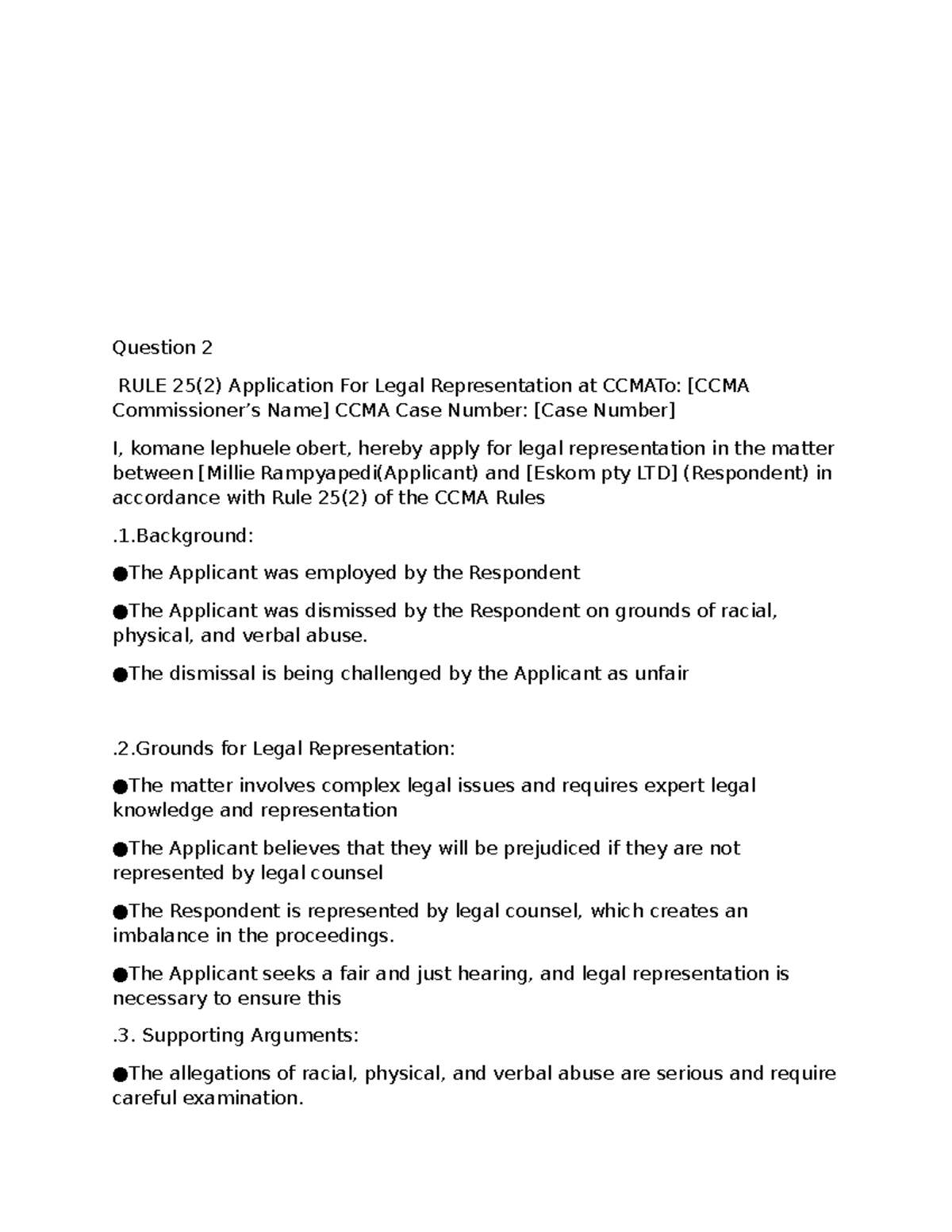 CCMA Legal Representation Application - Case No. Rampyapedi vs. Pty ...