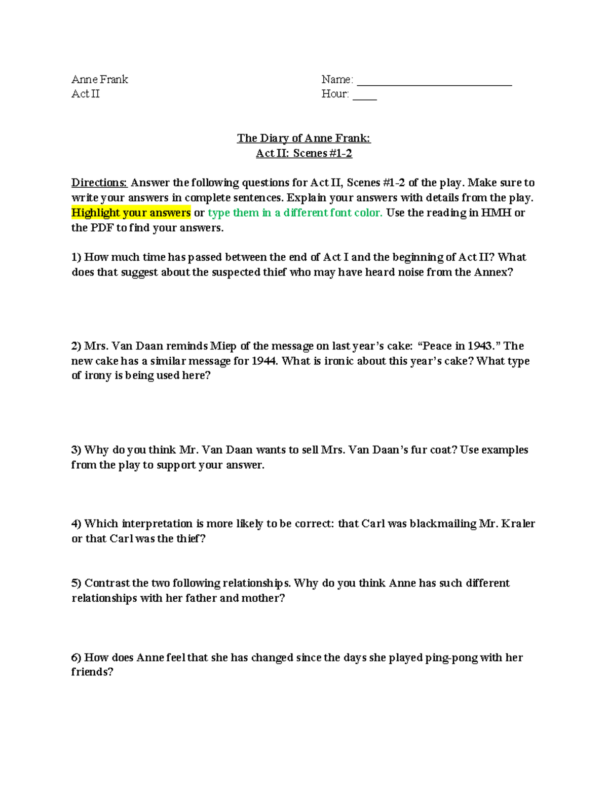 Anne Frank Act II - Scenes 1-2 Questions and Analysis - Studocu