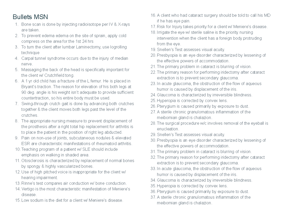 Bullet medsurg - Summarize lecture notes for medical surgical nursing ...