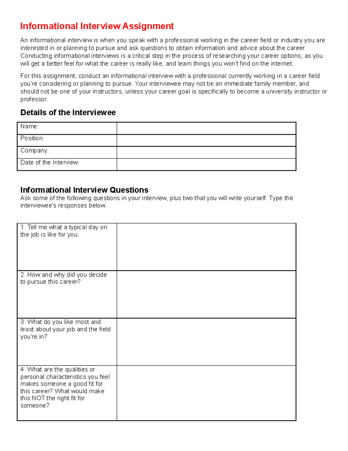 Informational Interview Assignment - Conducting informational interviews is a critical step in ...