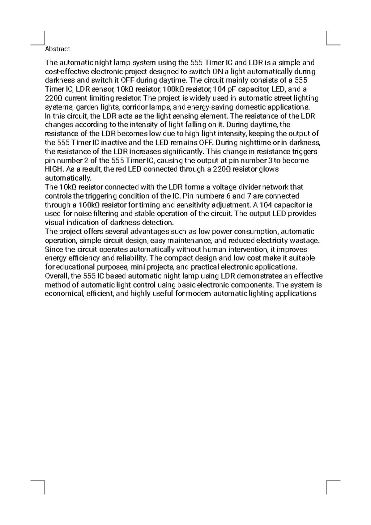 555 Timer IC Based Automatic Night Lamp System - Project Notes - Studocu