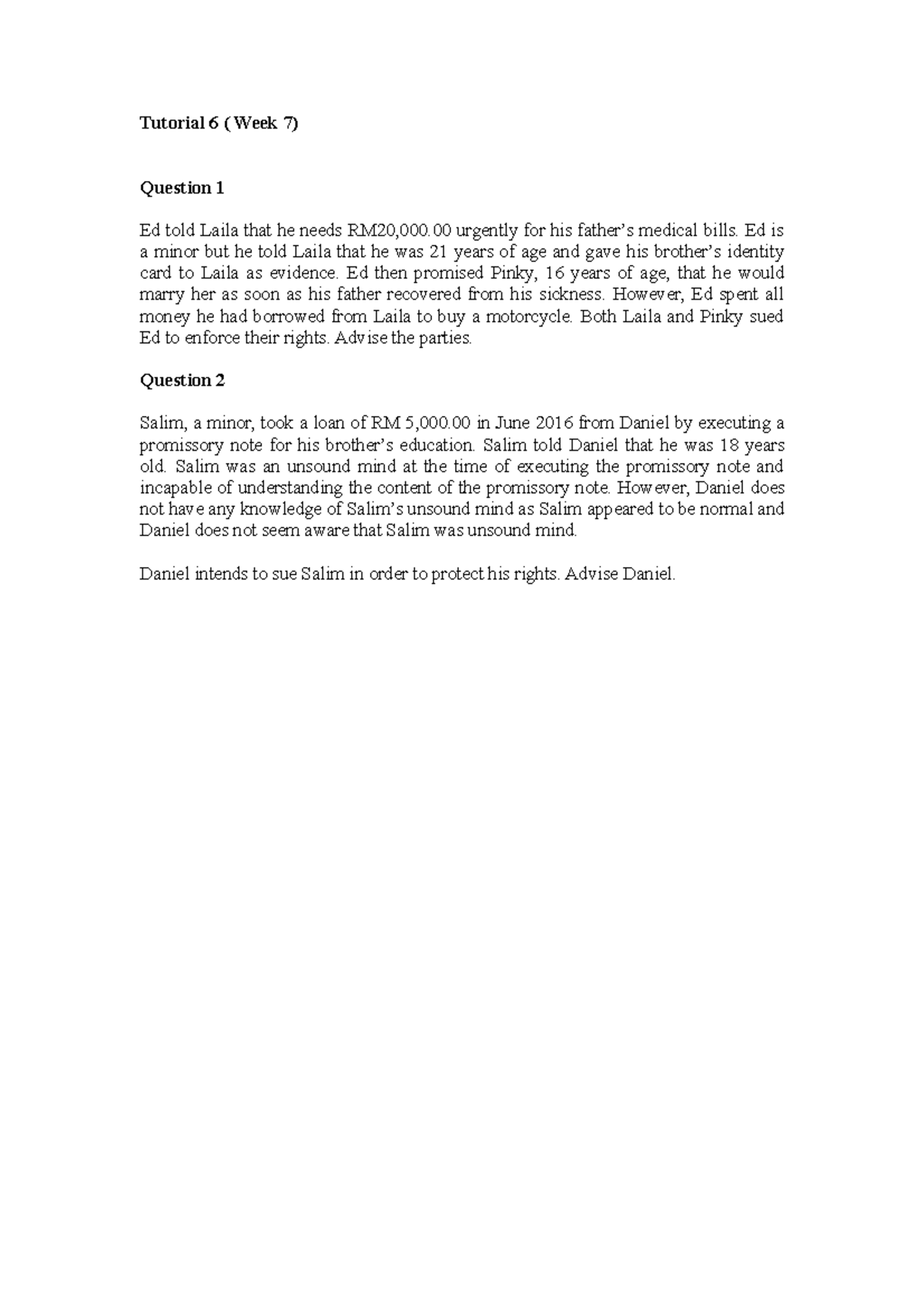 Tutorial 6 (Week 7) Questions Only - Contract Law - Studocu