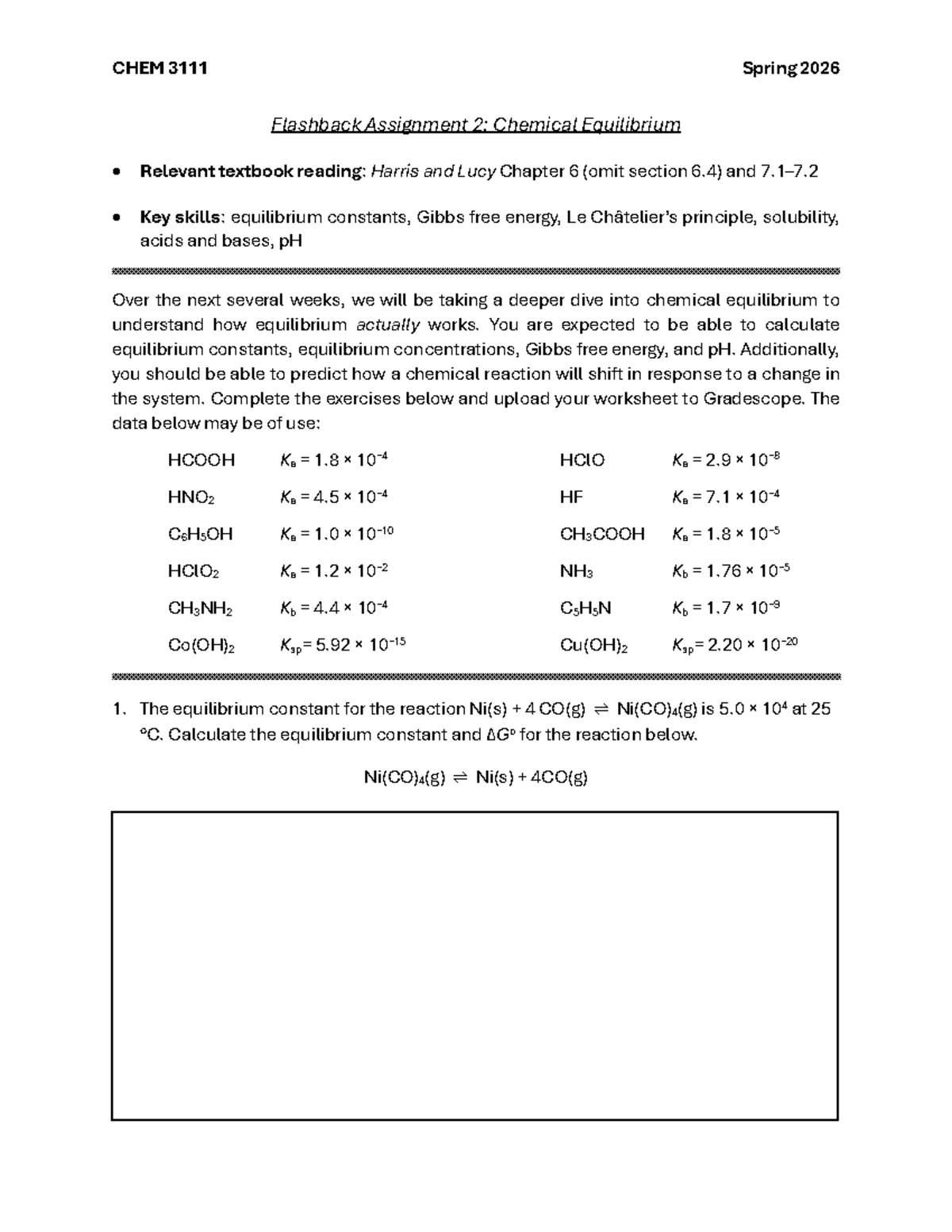 CHEM Spring 2026 Flashback Assignment 2: Chemical Equilibrium Insights ...