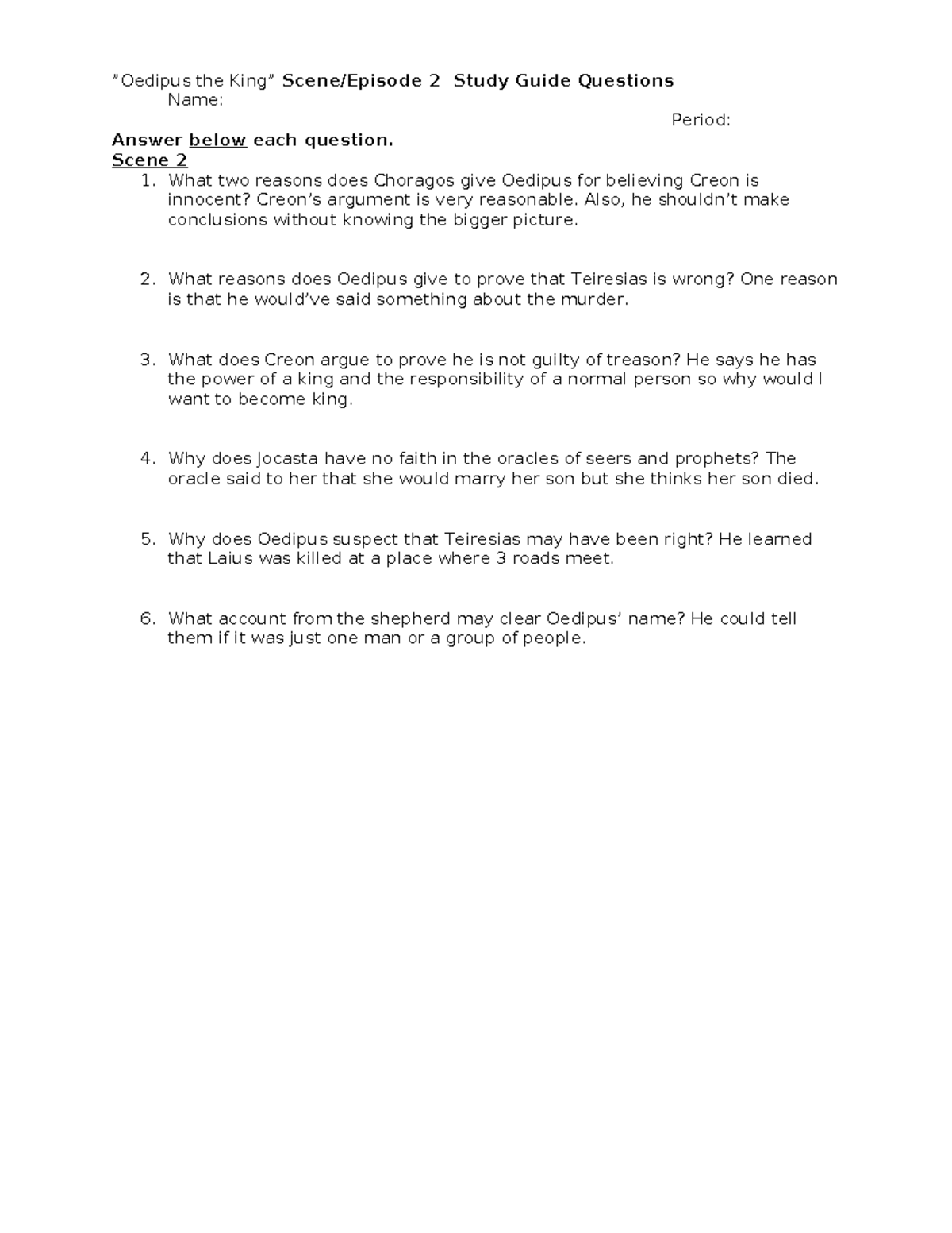 Oedipus the King Scene 2 Study Guide Questions SG - Studocu