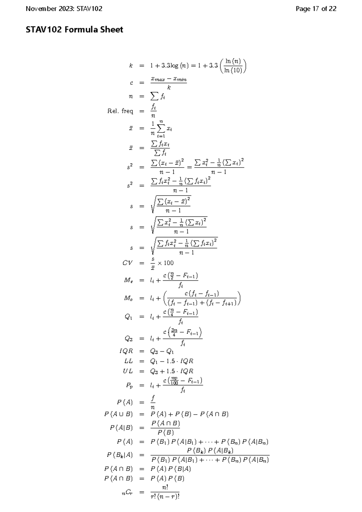 STAV102 Final Exam Formula Sheet for Statistical Analysis - Studocu