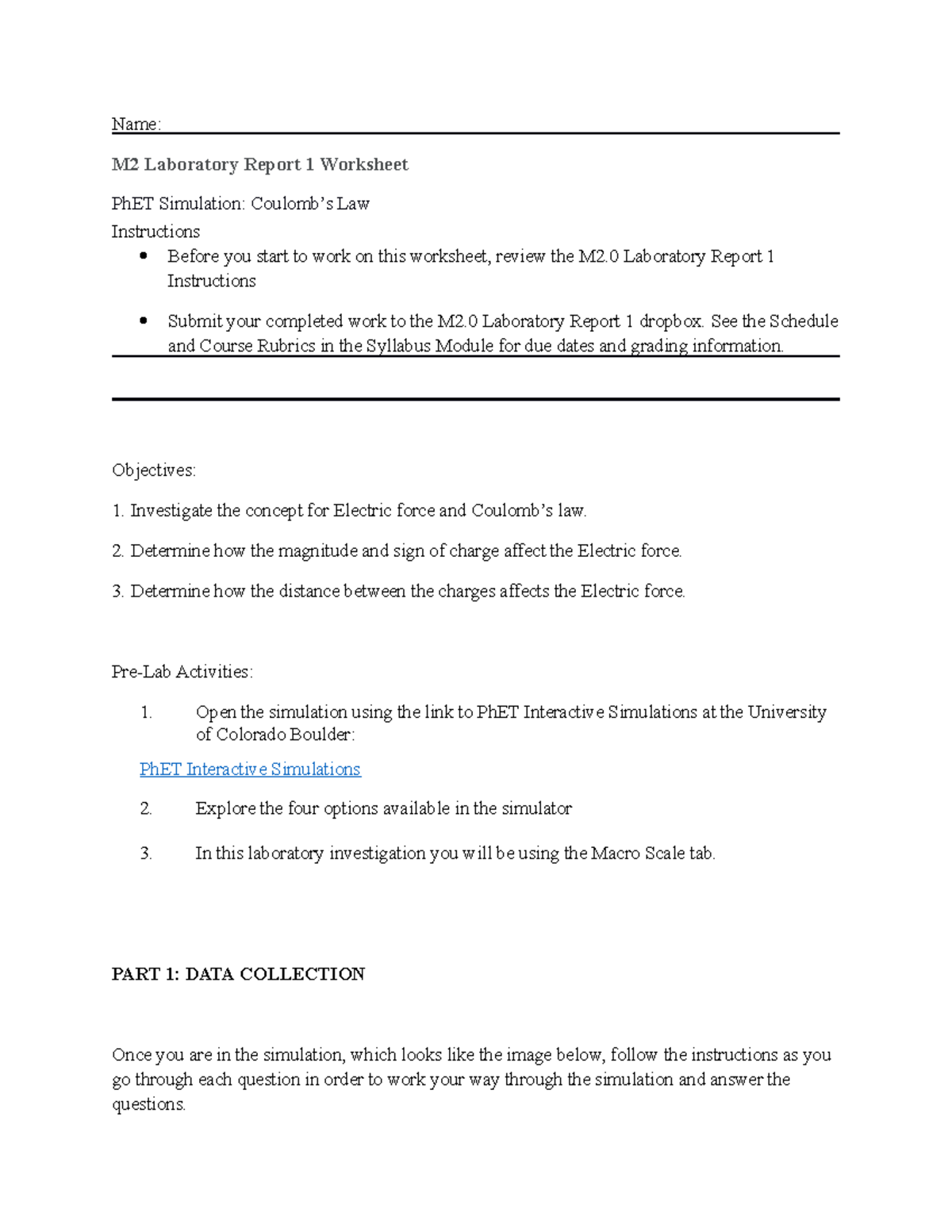 M2.0 Lab Report 1: Understanding Coulomb’s Law via PhET Simulation ...