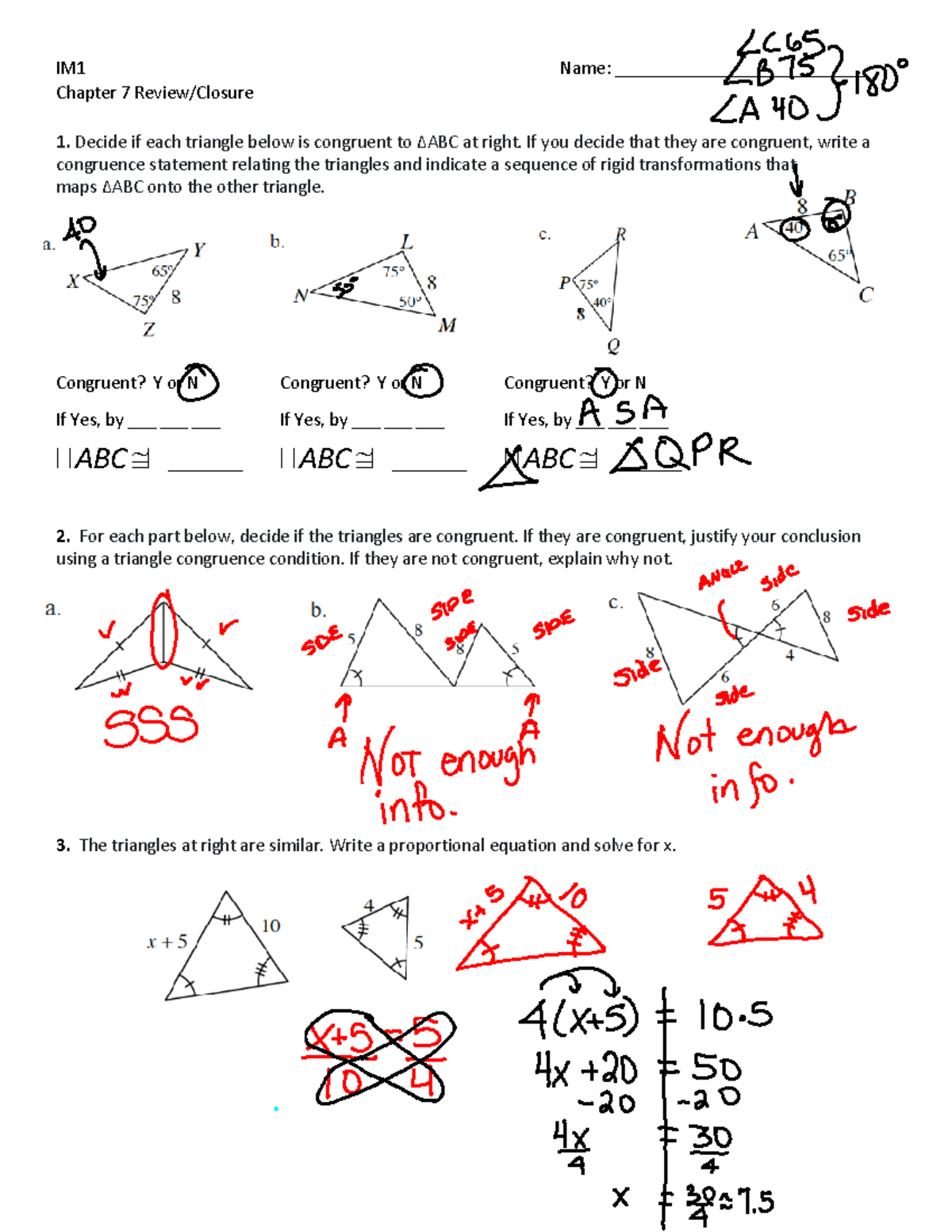 Chapter 7 Review: Triangle Congruence & Data Analysis Techniques - Studocu