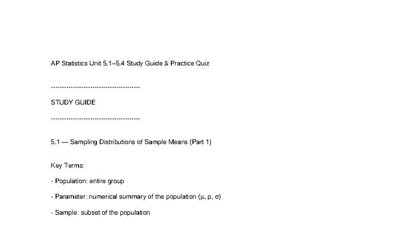 AP Stats GUIDE 5.1-5.4 Sampling Distributions Practice Quiz - Studocu