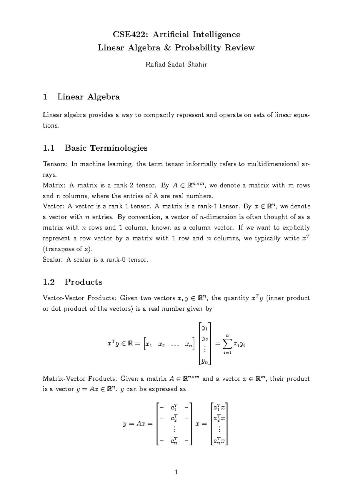 CSE422: Linear Algebra & Probability Review Lecture Notes - Studocu