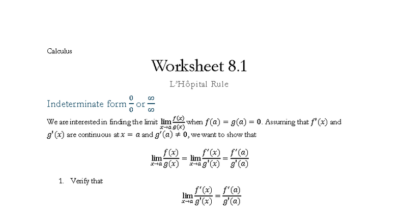 Calculus - Worksheet 8.1: Indeterminate Forms & L'Hôpital's Rule - Studocu