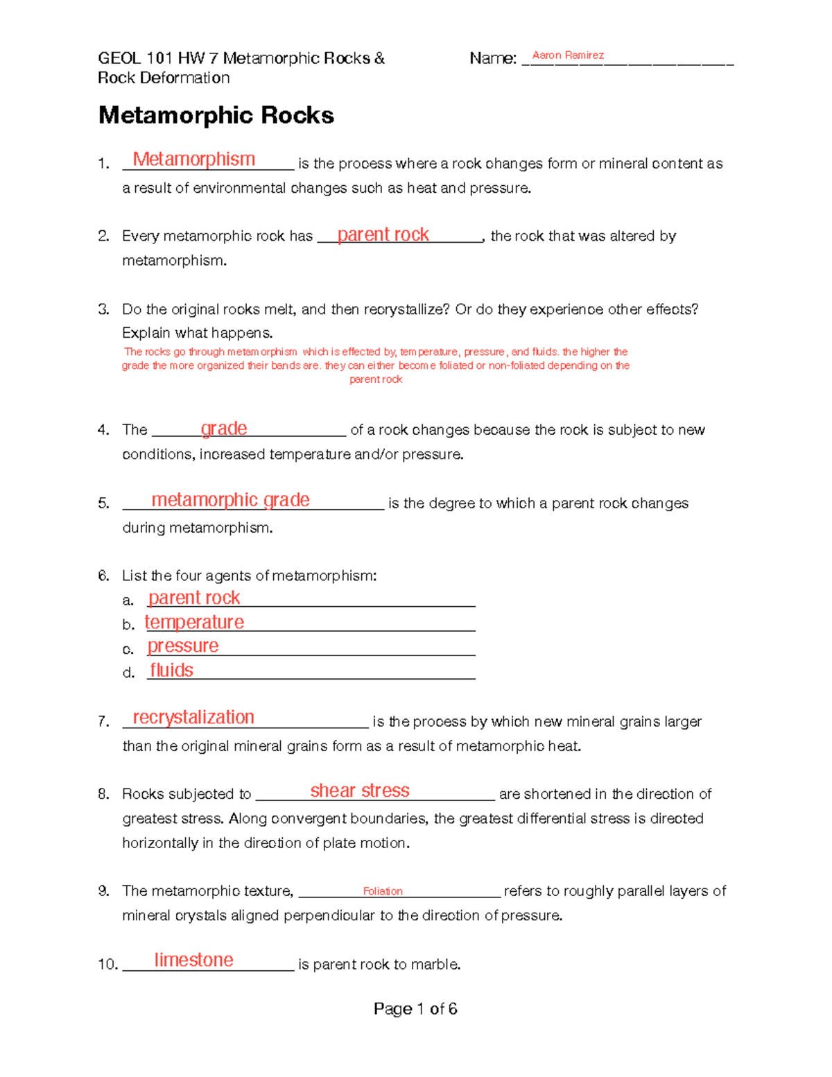GEOL 101 HW 7: Understanding Metamorphic Rocks & Deformation Processes - Studocu