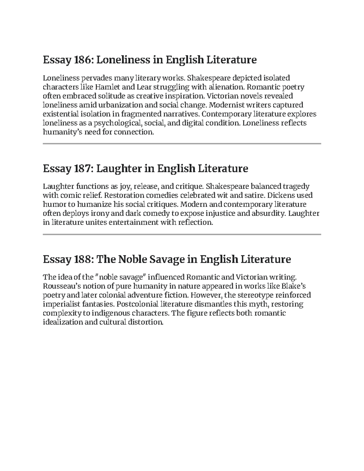 Essay 186-188: Themes of Loneliness, Laughter, and the Noble Savage in ...